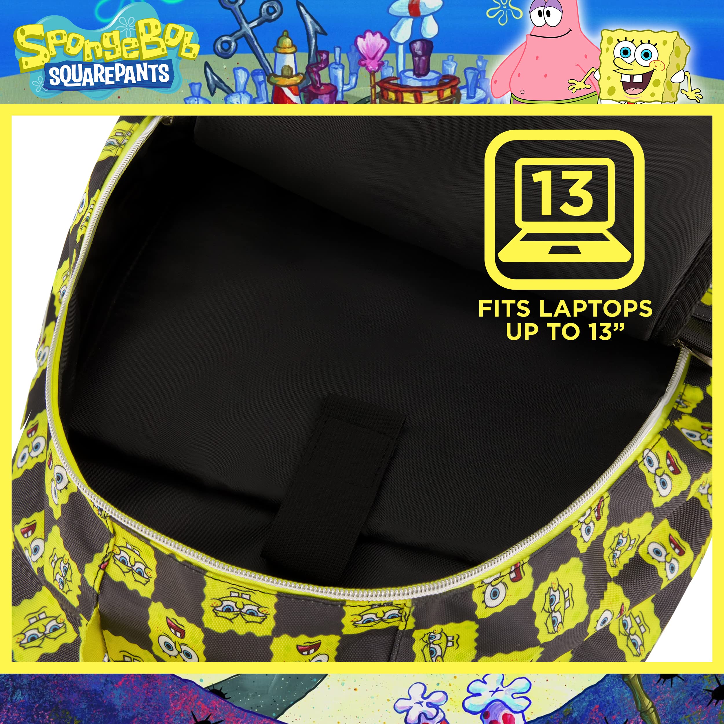 Concept One SpongeBob SquarePants 13 Inch Sleeve Laptop Backpack, Checkered Padded Computer Bag for Commute or Travel, Multi