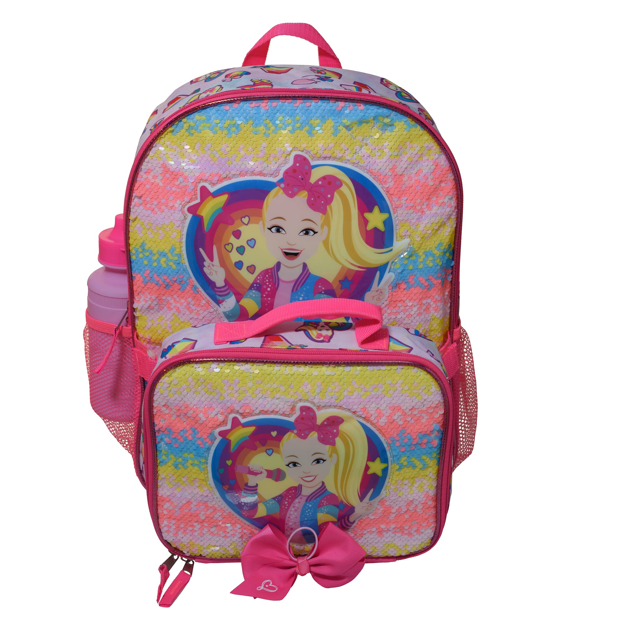 JoJo Siwa Girls 4 Piece Backpack Set, Rainbow Sequin School Travel Bag with Front Zip Pocket, Mesh Side Pockets, Lunch Box, Water Bottle, and JoJo Bow Hair Tie
