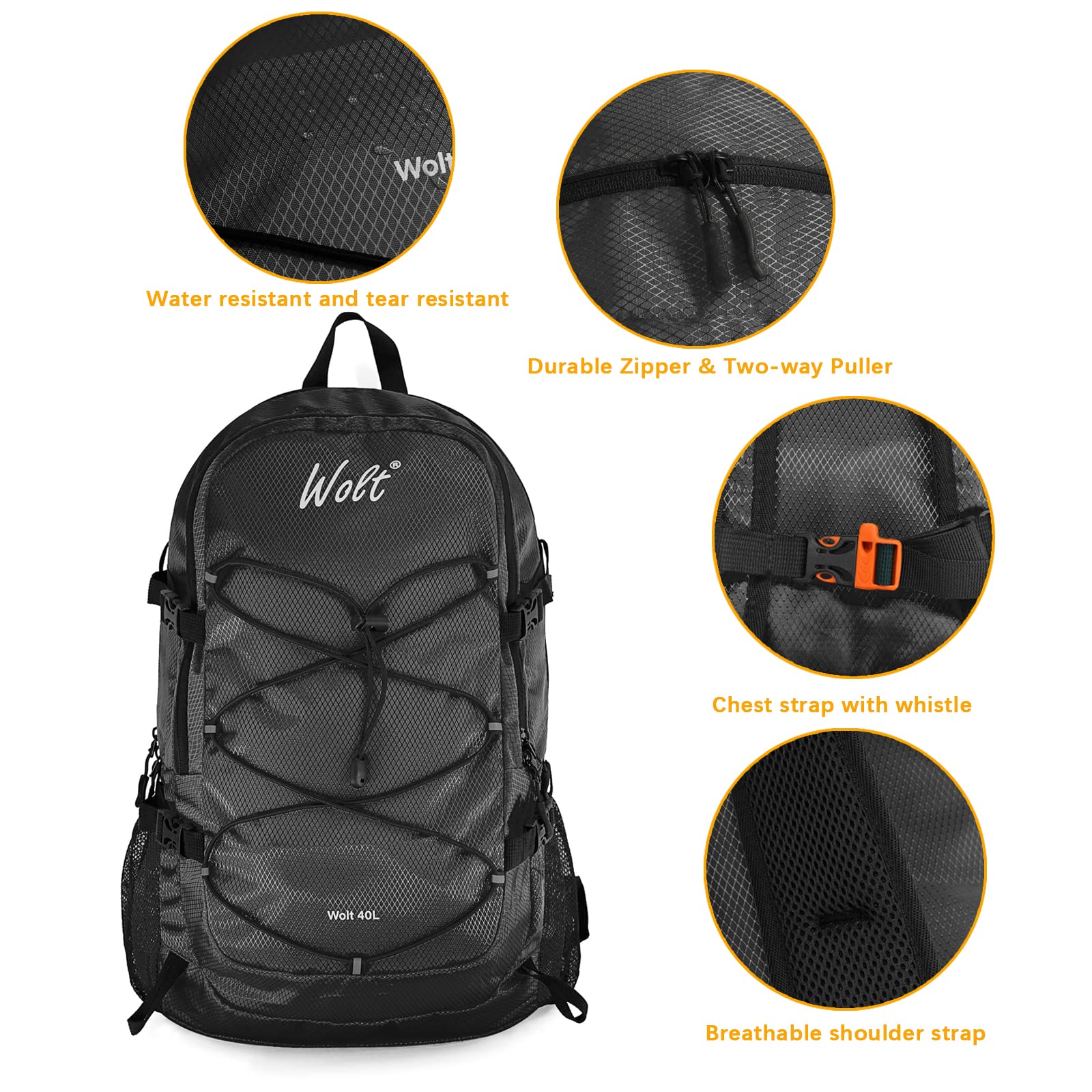 WOLT Packable Hiking Backpack, 40L Waterproof Lightweight Hiking daypack, Foldable Backpack with Wet pocket for Travel, Camping, Outdoor Sports (Black)