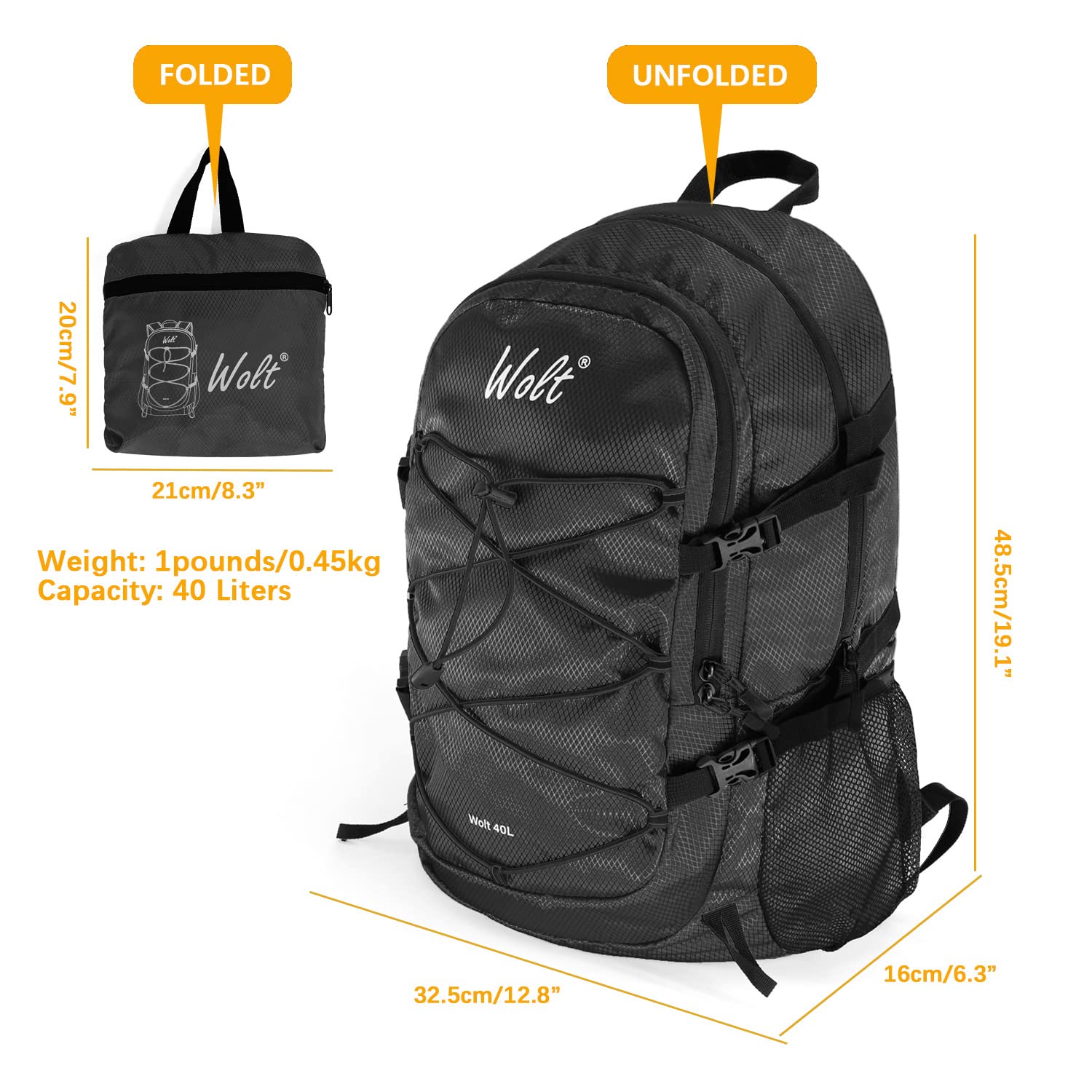 WOLT Packable Hiking Backpack, 40L Waterproof Lightweight Hiking daypack, Foldable Backpack with Wet pocket for Travel, Camping, Outdoor Sports (Black)