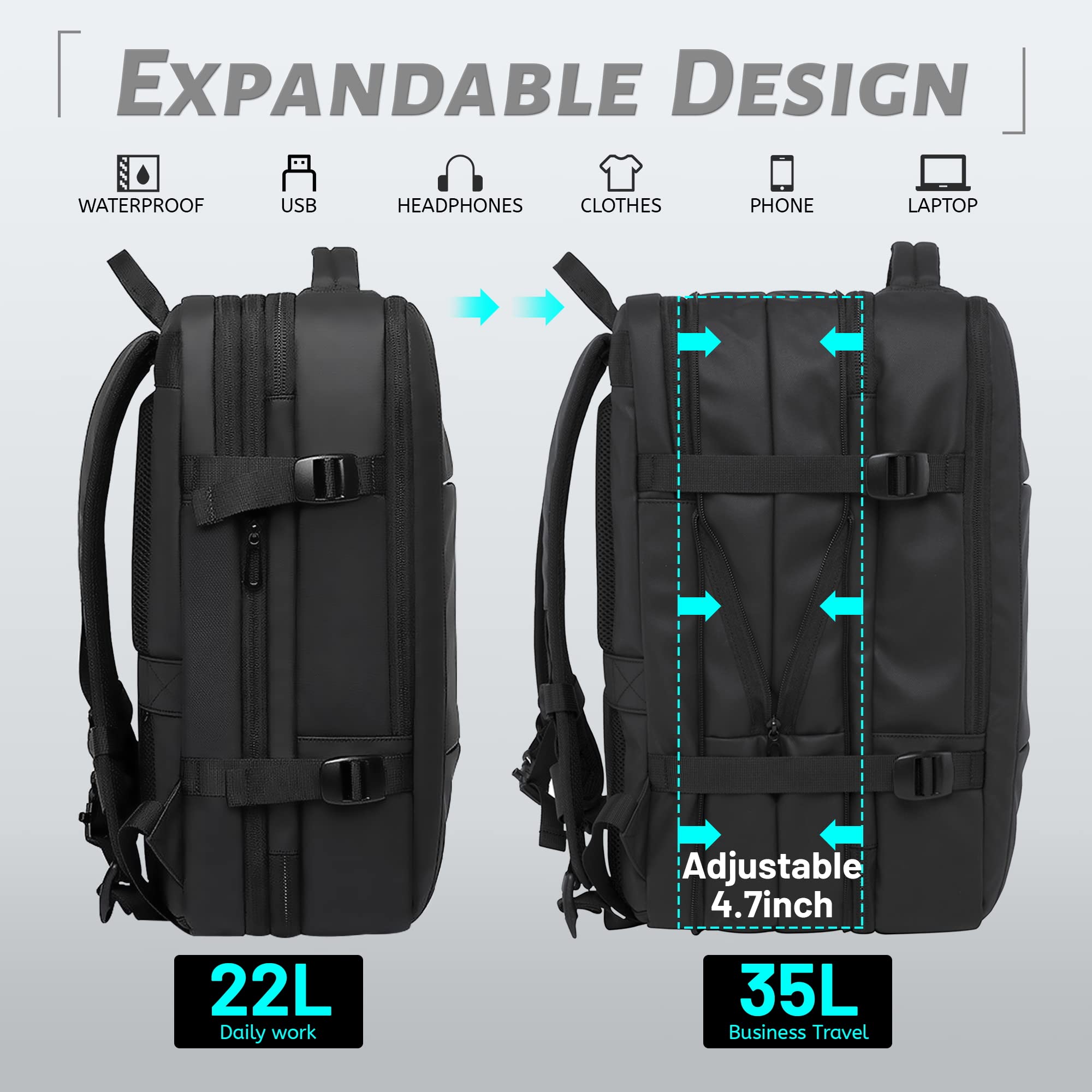 Bange 35L Travel Backpacks Expandable Luggage Backpack USB Charging Port Flight Approved Carry On Backpack With Wet Pocket Water Resistant Business Backpack 17.3in Laptop College Daypack Black Medium