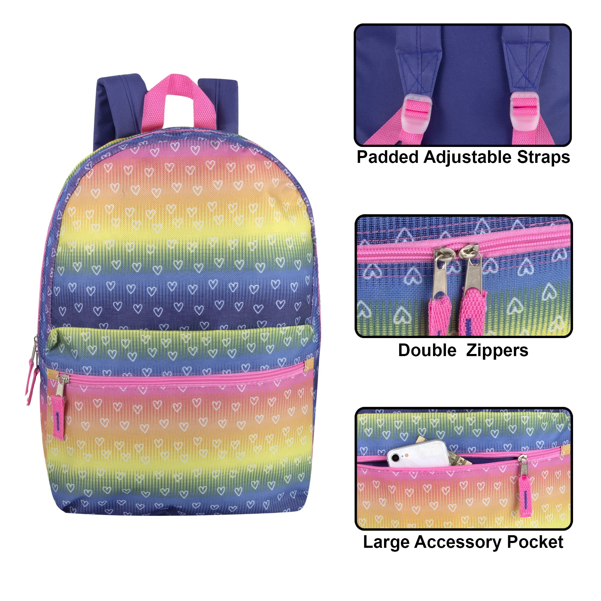 Trail maker Girls' All Over Printed Backpack 17 Inch Backpack for Girls With Padded Straps (Pastel Hearts)