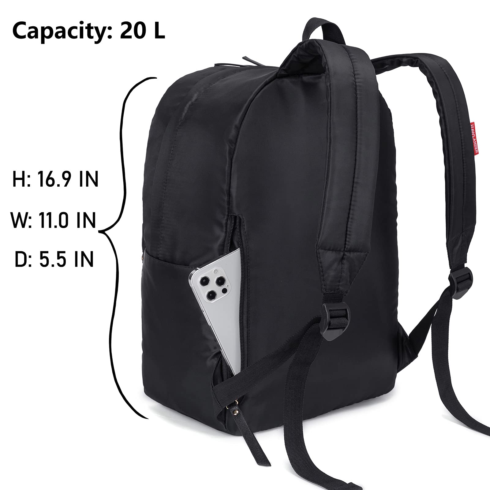 HawLander Lightweight School Backpack for Women or Teen Girls, Mid-Volume 20.0L, Black