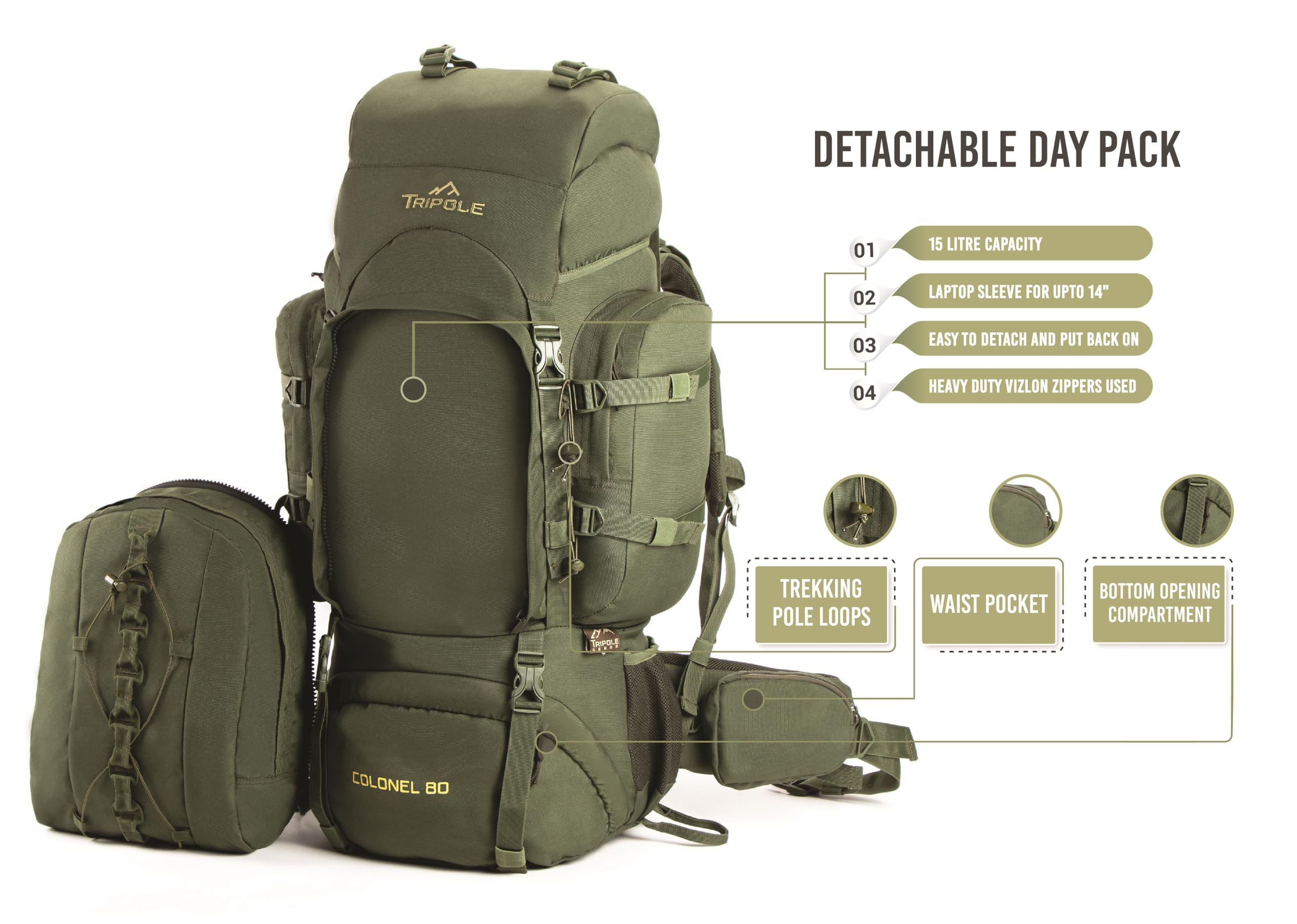 TriPole Colonel 85 litres Rucksack + Detachable Day Pack, Digital Camouflage
