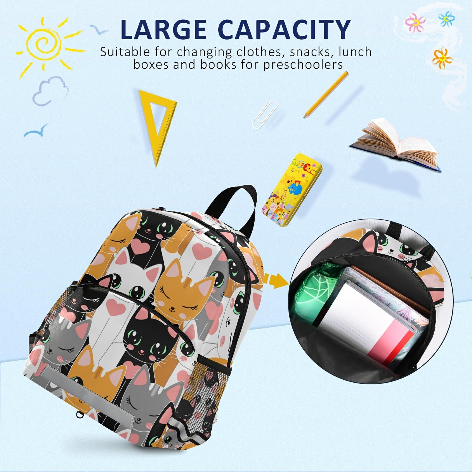 beeplus Lovely Cats Assembly Kids Backpack 13inch Little Kid Toddler Backpacks for Boys and Girls with Chest Strap
