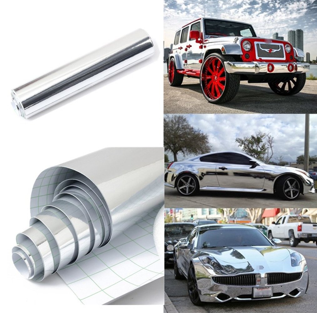 Simplemuji 12inch by 79inch Self-Adhesive Reflective Chrome Silver Vinyl Wrap Sticker Decal Film Sheet