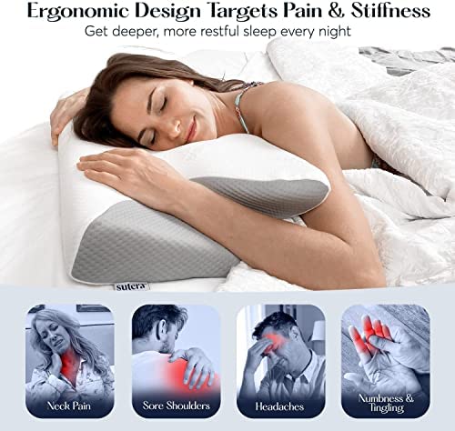 SUTERA - Contour Memory Foam Pillow for Sleeping, Orthopedic Cervical Support for Neck, Shoulder and Back Pain Relief, Ergonomic Pillow for Side, Back and Stomach Sleepers, Washable Cover - White +Bag