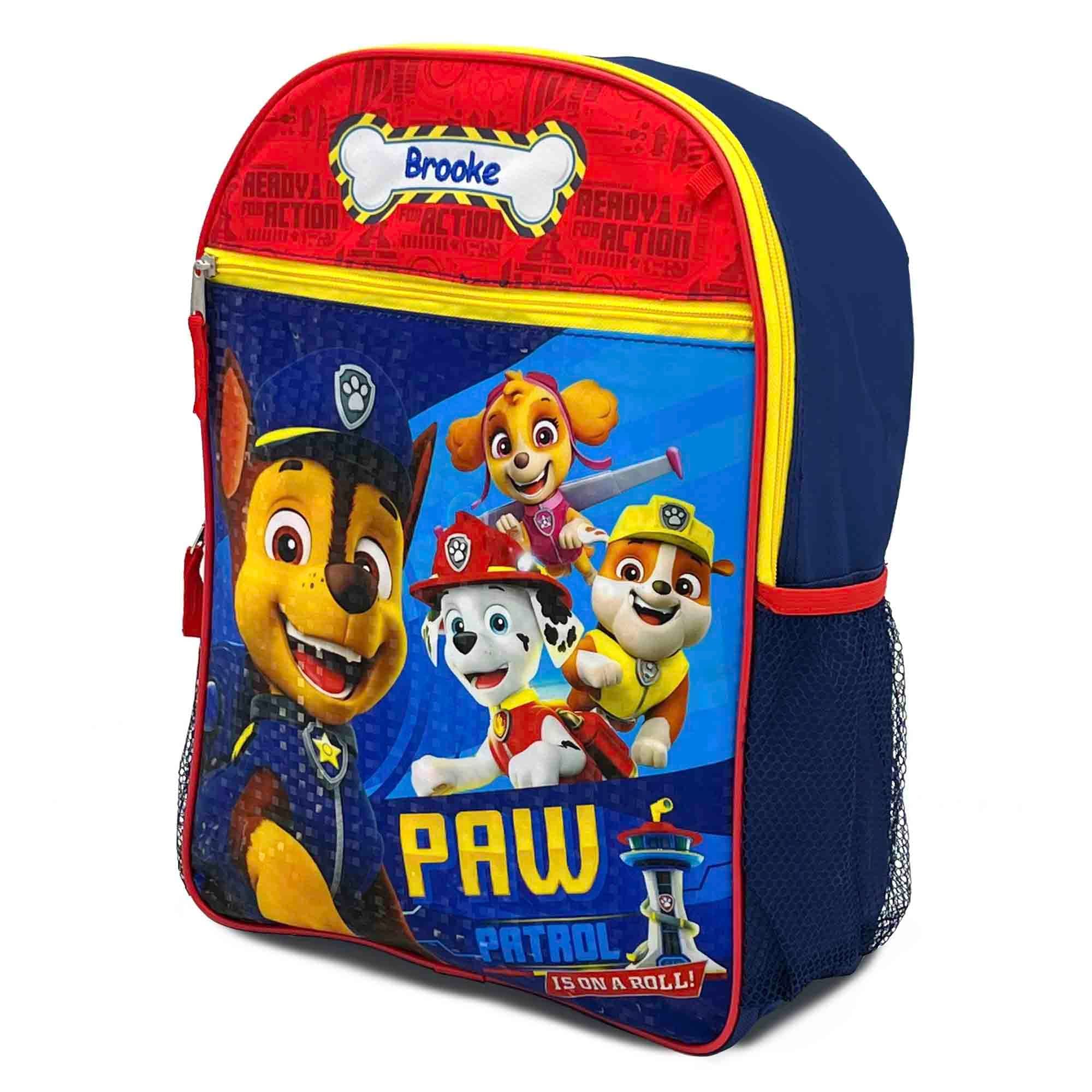DIBSIES Personalized 16" Paw Team - Chase, Marshall, Rubble, and Skye Is On A Roll Backpack with Bonus Lunch Bag, Carabiner Clip, and Character Dongle