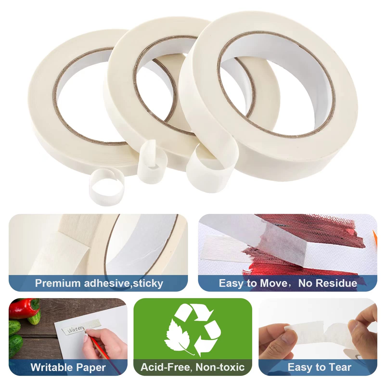 3 Rolls White Masking Tape, General Purpose Beige White Painters Tape for Home, Office, School Stationery, DIY Arts, Crafts, Labeling - (0.5 Inch, 0.7 Inch and 1 Inch X 55 Yard)