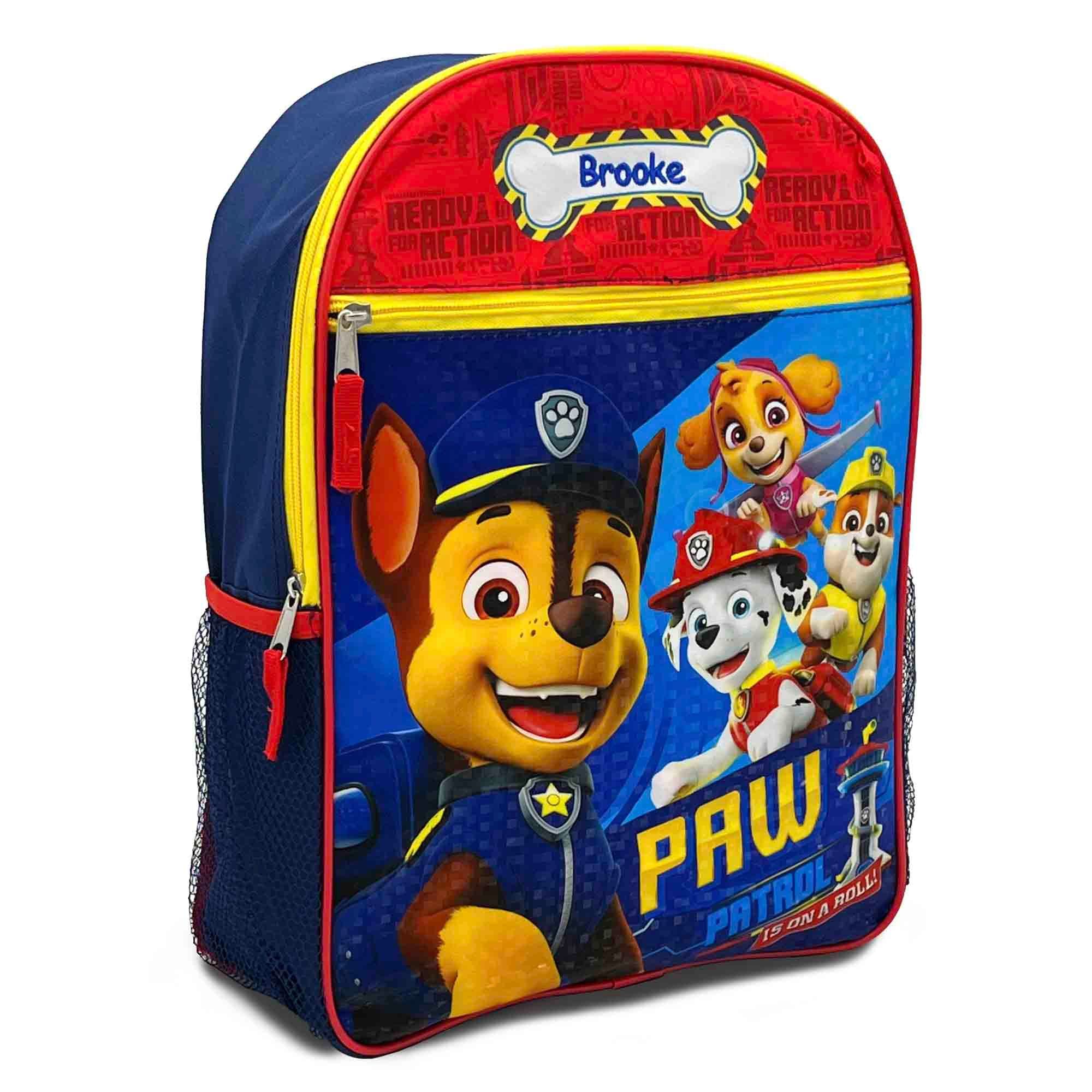 DIBSIES Personalized 16" Paw Team - Chase, Marshall, Rubble, and Skye Is On A Roll Backpack with Bonus Lunch Bag, Carabiner Clip, and Character Dongle