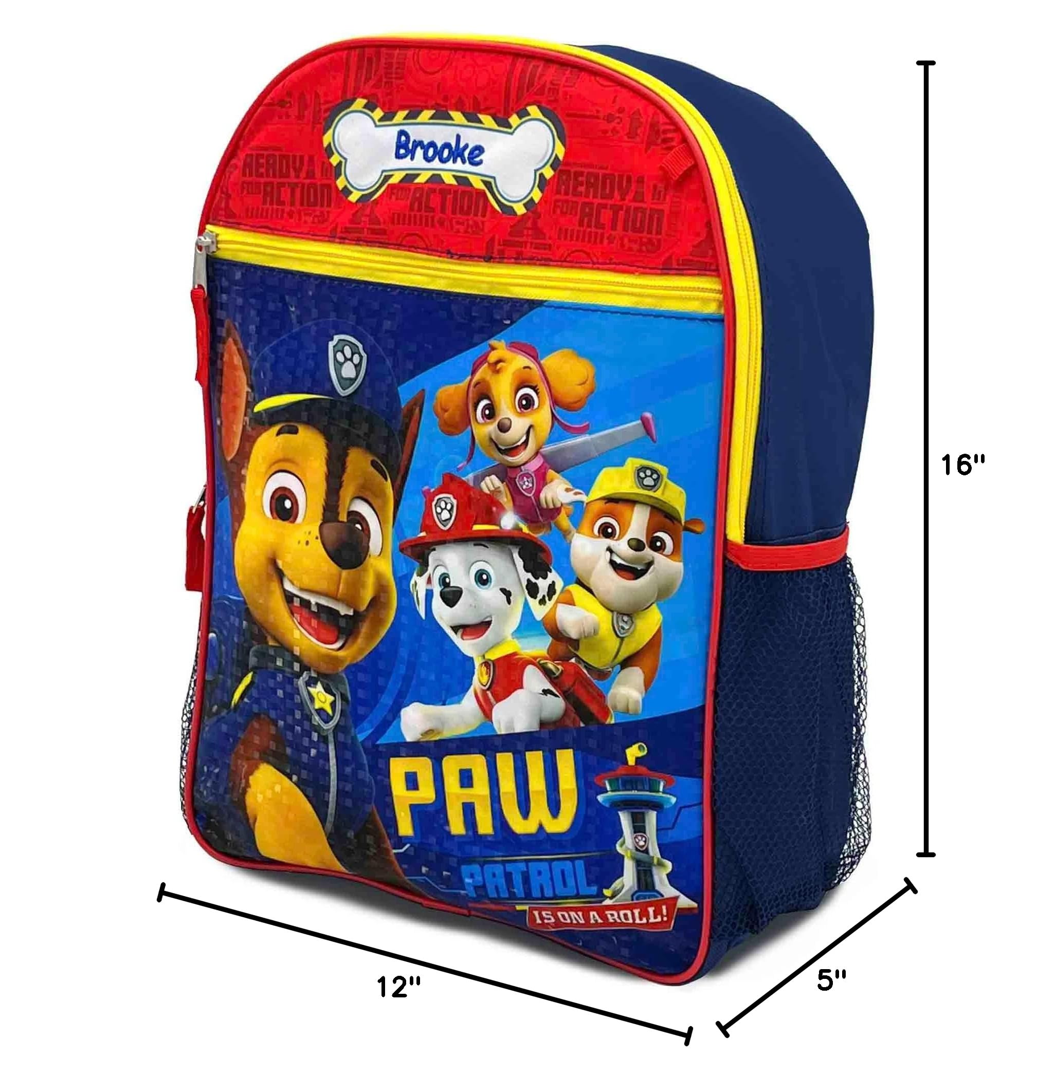 DIBSIES Personalized 16" Paw Team - Chase, Marshall, Rubble, and Skye Is On A Roll Backpack with Bonus Lunch Bag, Carabiner Clip, and Character Dongle