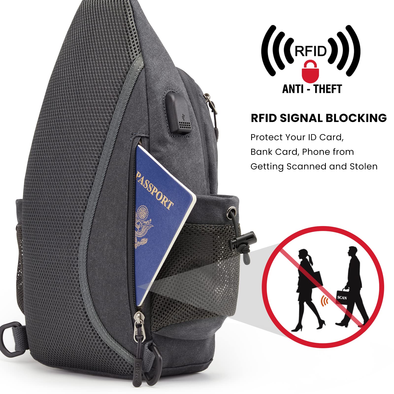 G4Free Sling Bag RFID Sling Backpack Chest Bag Crossbody Canvas Daypack for Men Women(Dark Grey)