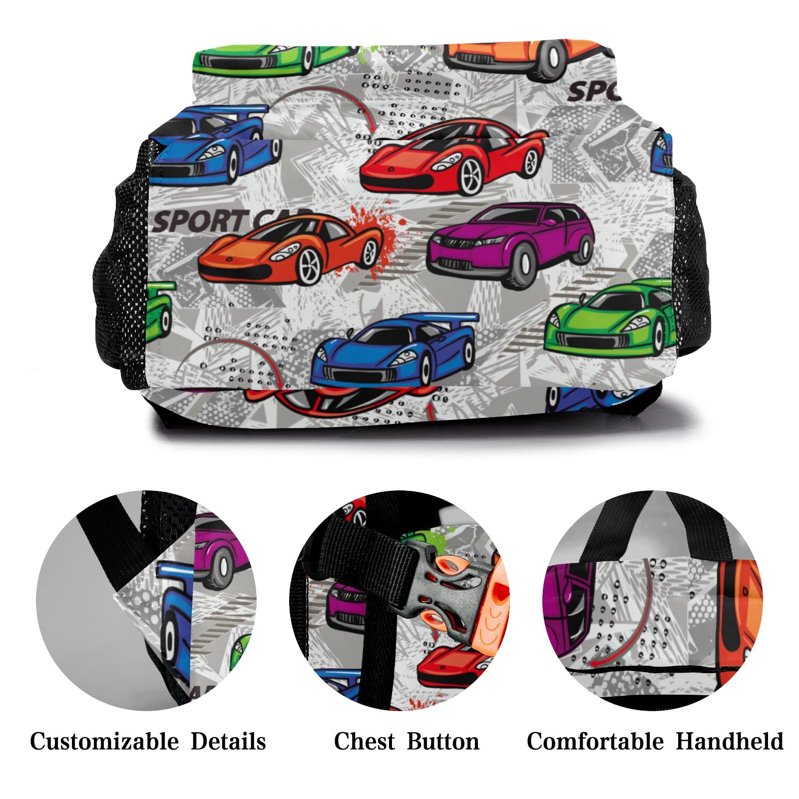 Custom Kid Backpack, Grunge Sport Race Cars Grey Personalized School Bookbag with Your Own Name, Customization Casual Bookbags for Student Girls Boys