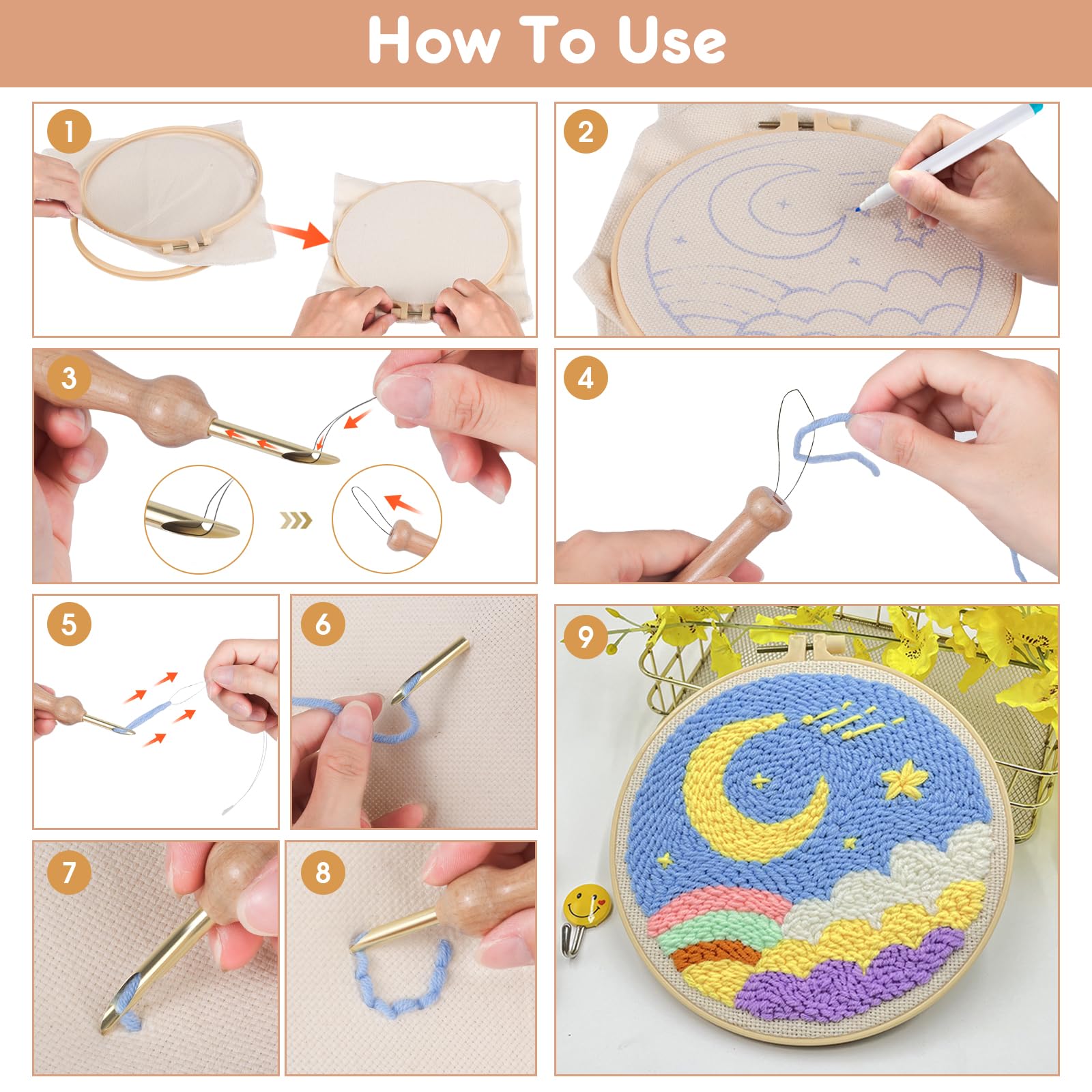 21PC Punch Needle Embroidery Kits Adjustable Punch Needle Tool, Wooden Handle Embroidery Pen, Hoops, Punch Needle Cloth, Punch Needle Kit Adults Beginner DIY Craft, Perfect Decoration and Gifts