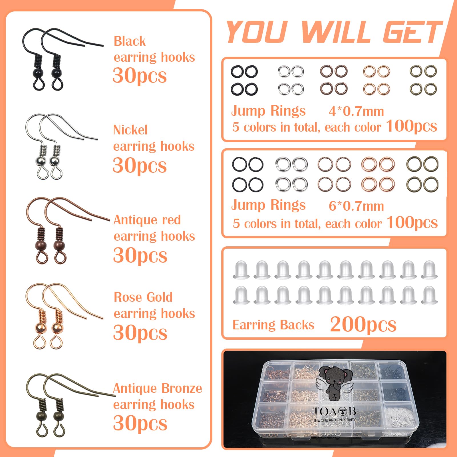 TOAOB 150pcs Mixed Colors Earring Hooks Hypoallergenic Ear Wire Hooks and 1000pcs 4mm Open Jump Rings 200pcs Earring Backs Jewelry Making Findings