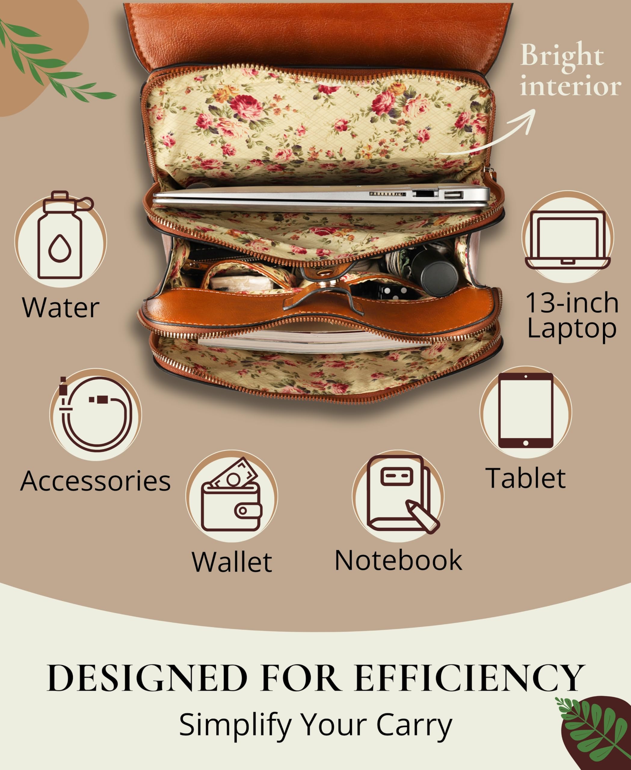 rofozzi Layla Large Backpack Purse for Women - 13-inch Laptop Backpack for Office - Top Handle 3-Compartment Everyday Fashion Backpack - Water-Resistant Easy to Care Vegan Leather Bag Pack