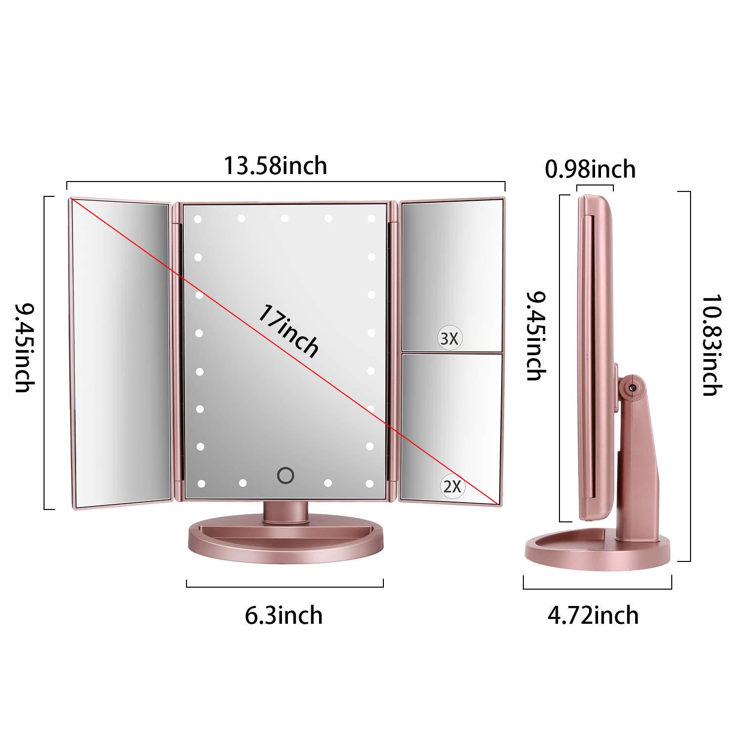 deweisn Tri-Fold Lighted Vanity Mirror with 21 LED Lights, Touch Screen and 3X/2X/1X Magnification, Two Power Supply Modes Make Up Mirror,Travel Mirror