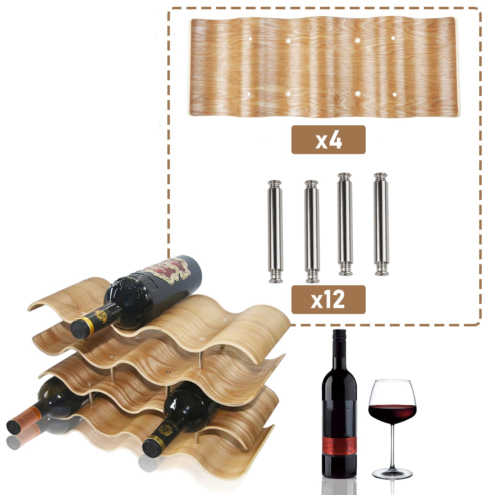 LUCKEG Wine Rack Wine Bottle Holder Brand 4 Tier Wooden Wave Wine Rack, Table Top Wine Storage, Perfect for Bar, Wine Cellar, Pantry, Family Cabinet (14 Bottles)