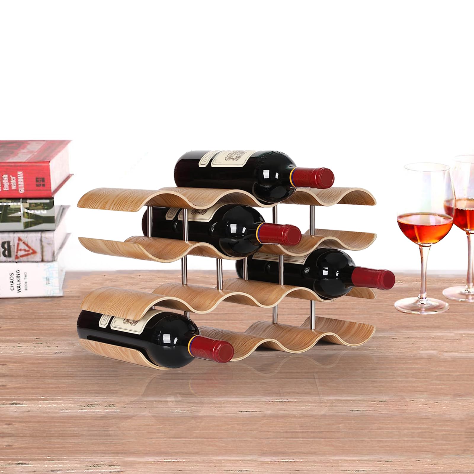 LUCKEG Wine Rack Wine Bottle Holder Brand 4 Tier Wooden Wave Wine Rack, Table Top Wine Storage, Perfect for Bar, Wine Cellar, Pantry, Family Cabinet (14 Bottles)