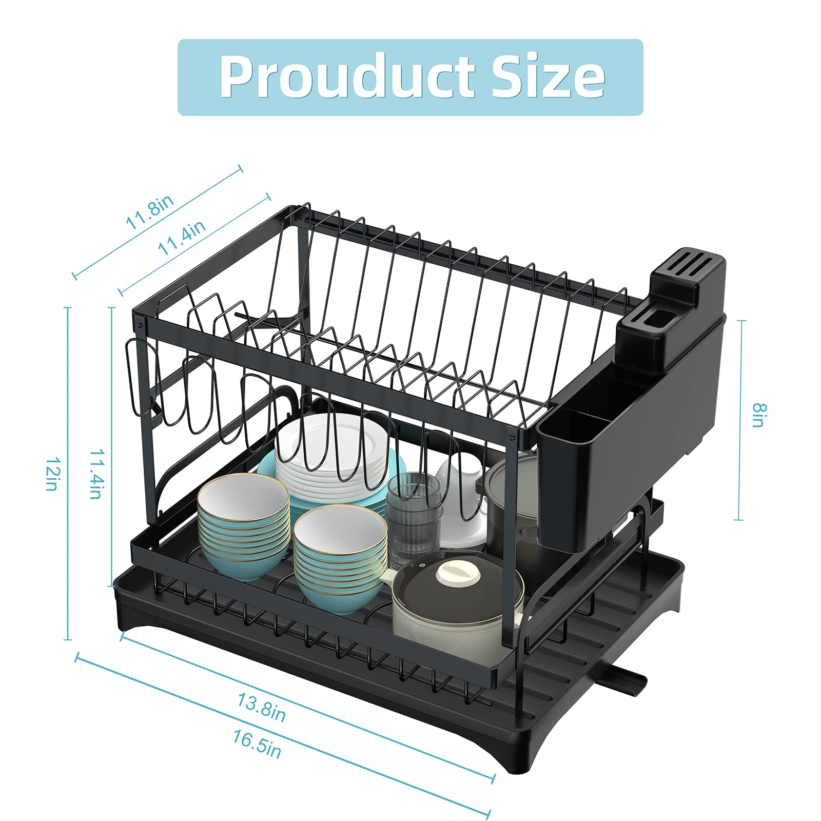 TAIJUELE Dish Drying Rack with Draining Plate, 2-Tier Rust Resistant Draining Rack for Kitchen Counter, Large Capacity Dish Organizer with Extra Drying Rack (Black)