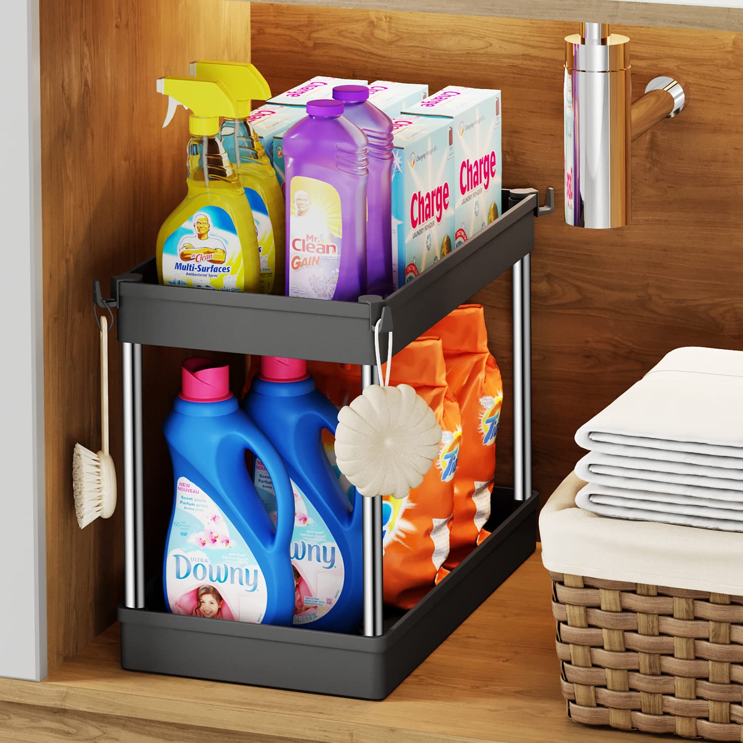 Under Sink Organizers and Storage, COORACK 2-Tier Under Bathroom Sink Organizer Bath Collection Basket with 4 Hooks,Under Sink Shelf Organizer Rack,Multi-purpose Under Sink Storage for Bathroom(Black)