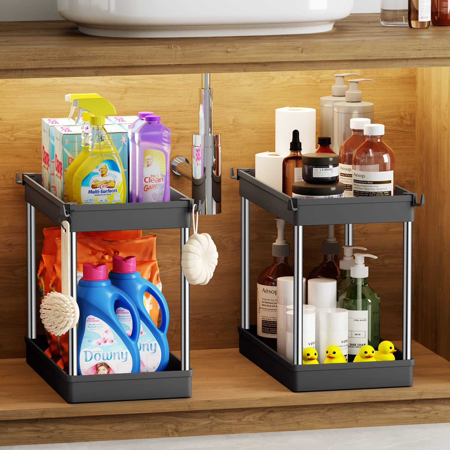 Under Sink Organizers and Storage, COORACK 2-Tier Under Bathroom Sink Organizer Bath Collection Basket with 4 Hooks,Under Sink Shelf Organizer Rack,Multi-purpose Under Sink Storage for Bathroom(Black)