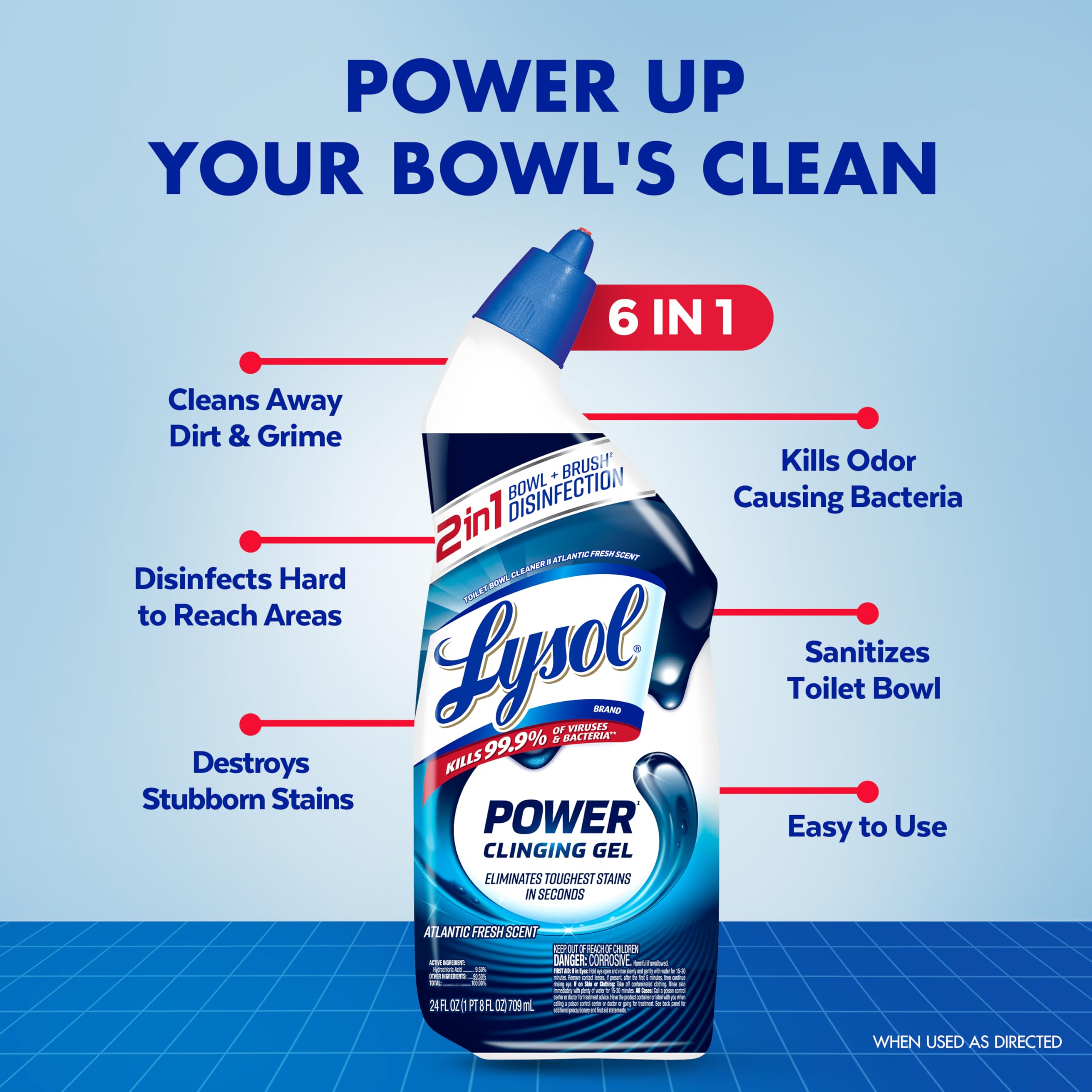 Lysol Power Toilet Bowl Cleaner Gel, For Cleaning and Disinfecting, Stain Removal, 24oz (2-pack)