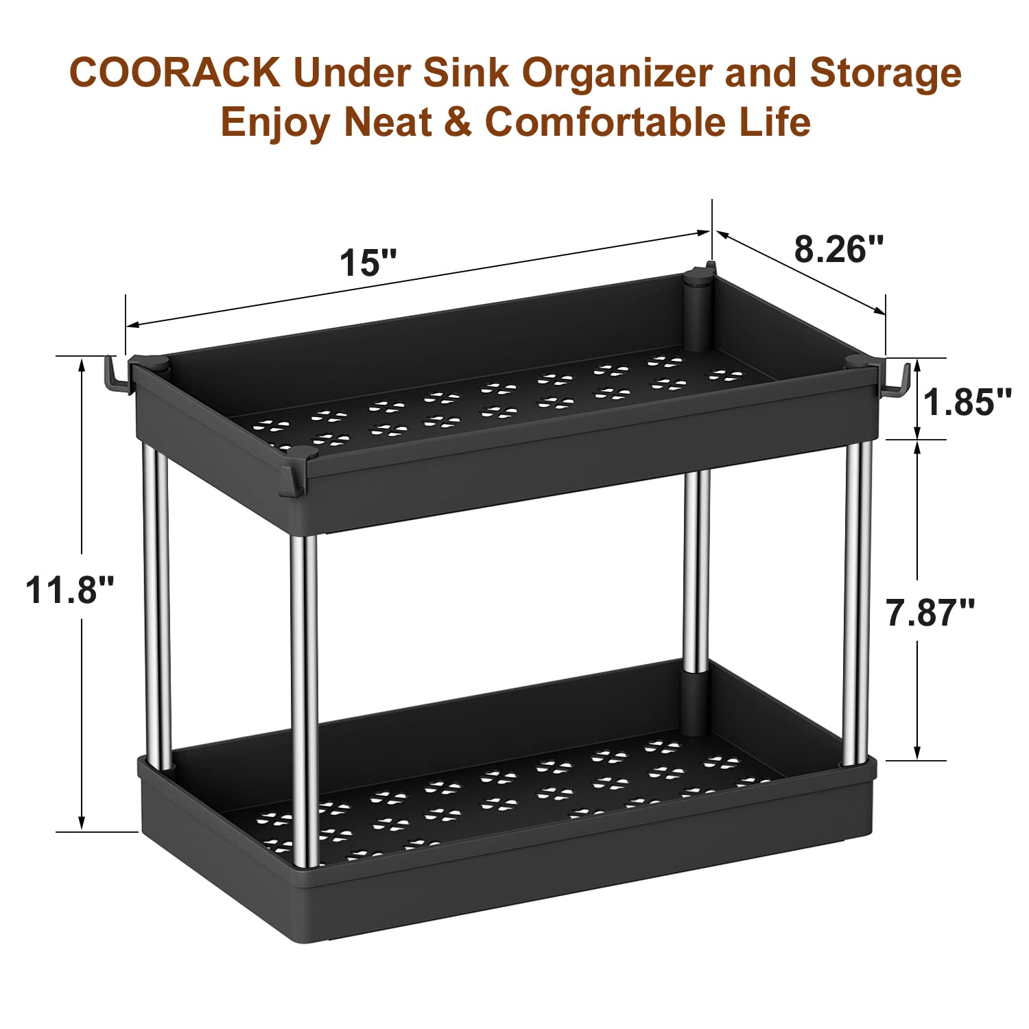Under Sink Organizers and Storage, COORACK 2-Tier Under Bathroom Sink Organizer Bath Collection Basket with 4 Hooks,Under Sink Shelf Organizer Rack,Multi-purpose Under Sink Storage for Bathroom(Black)