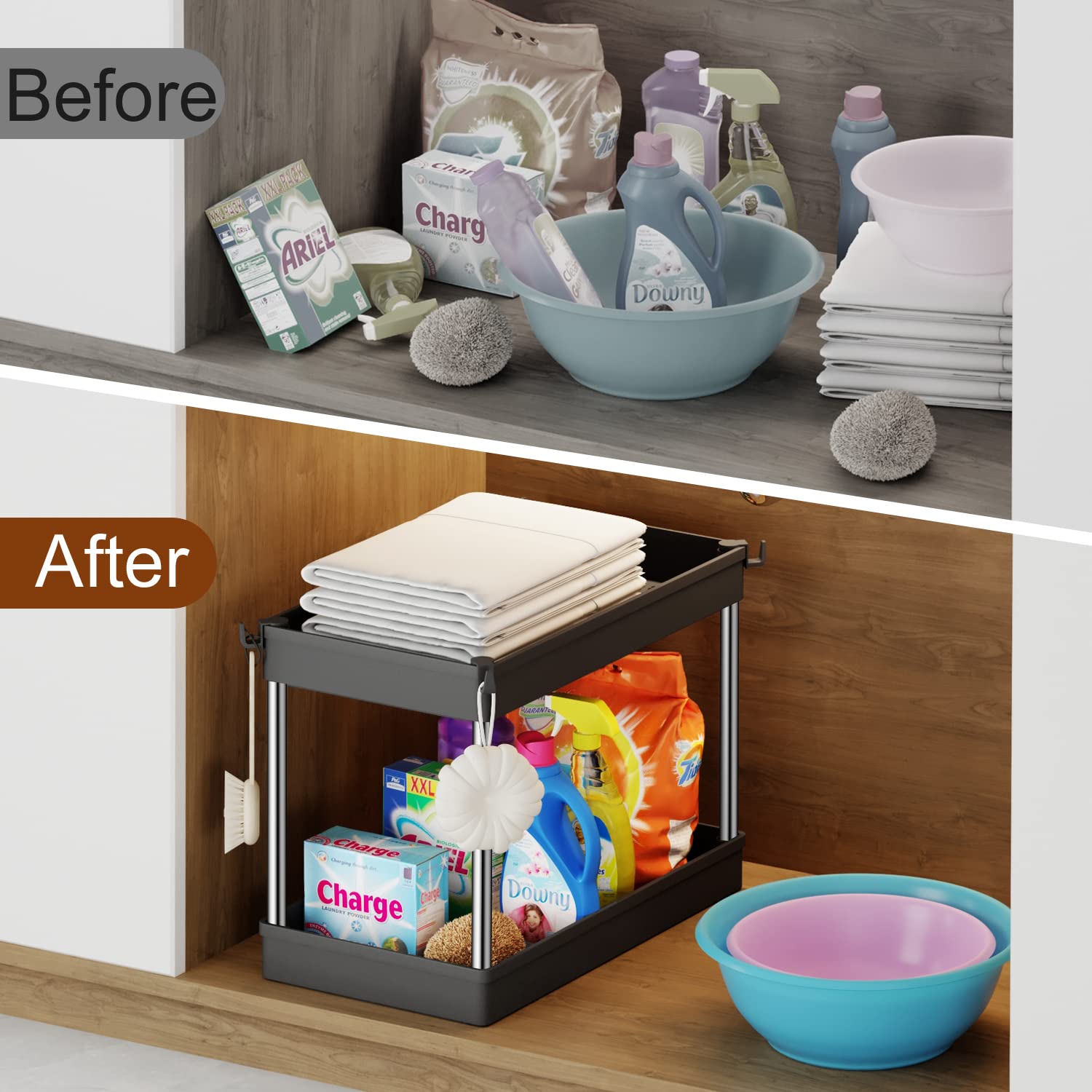 Under Sink Organizers and Storage, COORACK 2-Tier Under Bathroom Sink Organizer Bath Collection Basket with 4 Hooks,Under Sink Shelf Organizer Rack,Multi-purpose Under Sink Storage for Bathroom(Black)