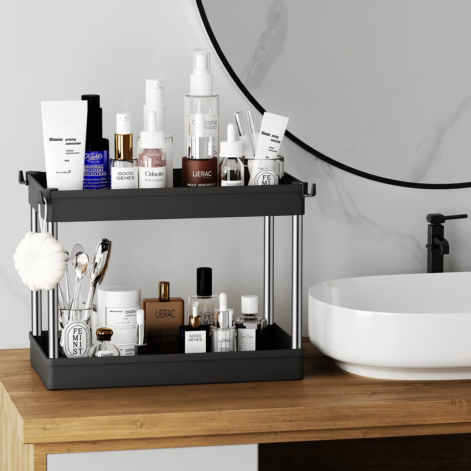 Under Sink Organizers and Storage, COORACK 2-Tier Under Bathroom Sink Organizer Bath Collection Basket with 4 Hooks,Under Sink Shelf Organizer Rack,Multi-purpose Under Sink Storage for Bathroom(Black)