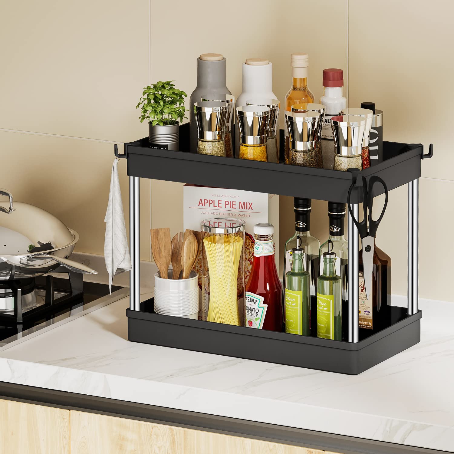 Under Sink Organizers and Storage, COORACK 2-Tier Under Bathroom Sink Organizer Bath Collection Basket with 4 Hooks,Under Sink Shelf Organizer Rack,Multi-purpose Under Sink Storage for Bathroom(Black)