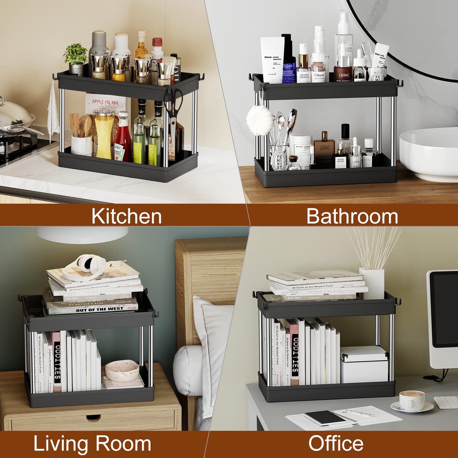Under Sink Organizers and Storage, COORACK 2-Tier Under Bathroom Sink Organizer Bath Collection Basket with 4 Hooks,Under Sink Shelf Organizer Rack,Multi-purpose Under Sink Storage for Bathroom(Black)