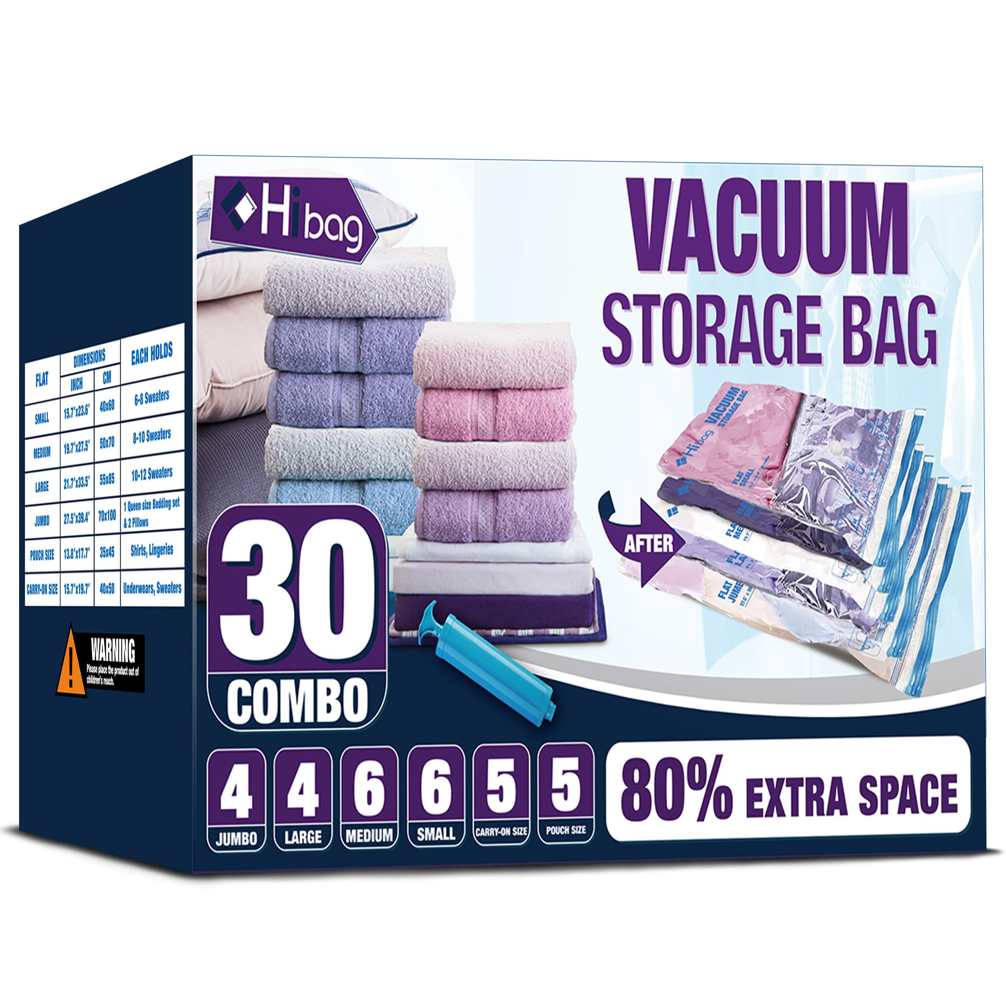 Hibag Vacuum Storage Bags, Space Saver Vacuum Seal Storage Bags 30-Pack Sealer Bags for Clothes, Clothing, Bedding, Comforter, Blanket (30C)