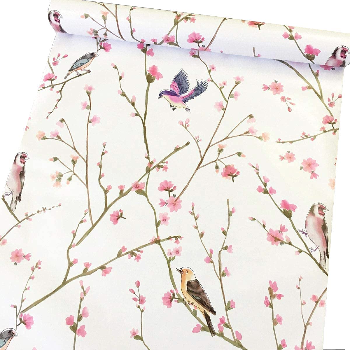 HDsticker Peel Stick Rustic Floral and Birds Wallpaper Self Birds Shelf Liner Contact Paper for Cabinets Dresser Drawer Walls Furniture Decal Removable 17.7X117 Inches Pink 17.7 x117
