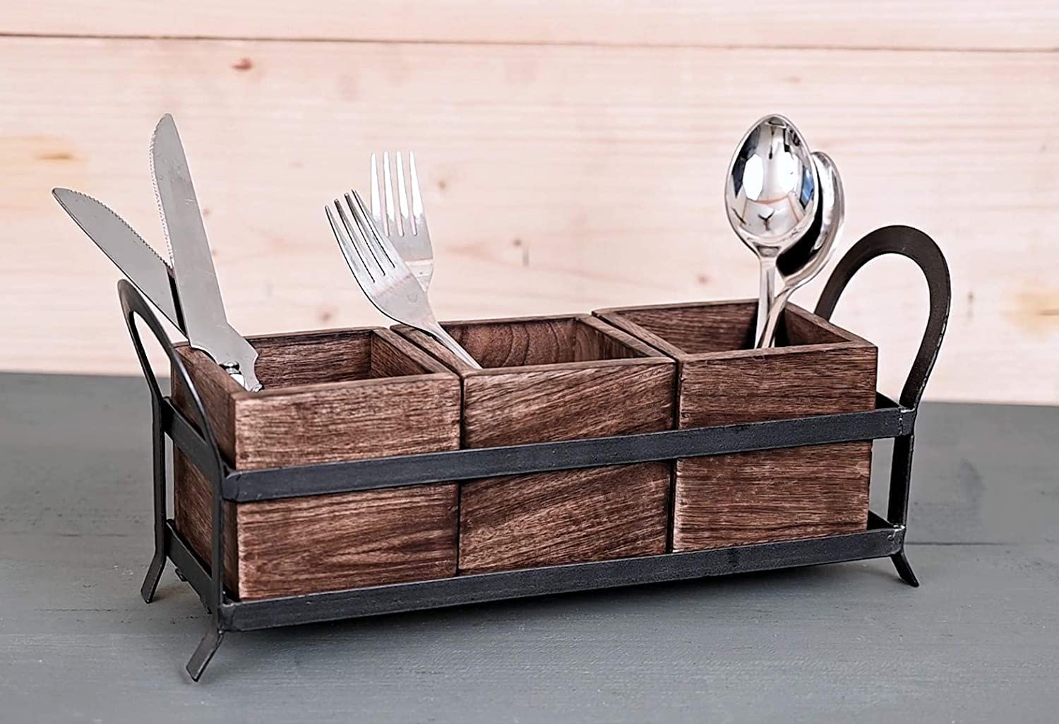 CUT01BR Wooden Utensil Cutlery Holder Caddy Flatware and Silverware Organizer Spoons, Forks, Knifes and Napkin Supplie