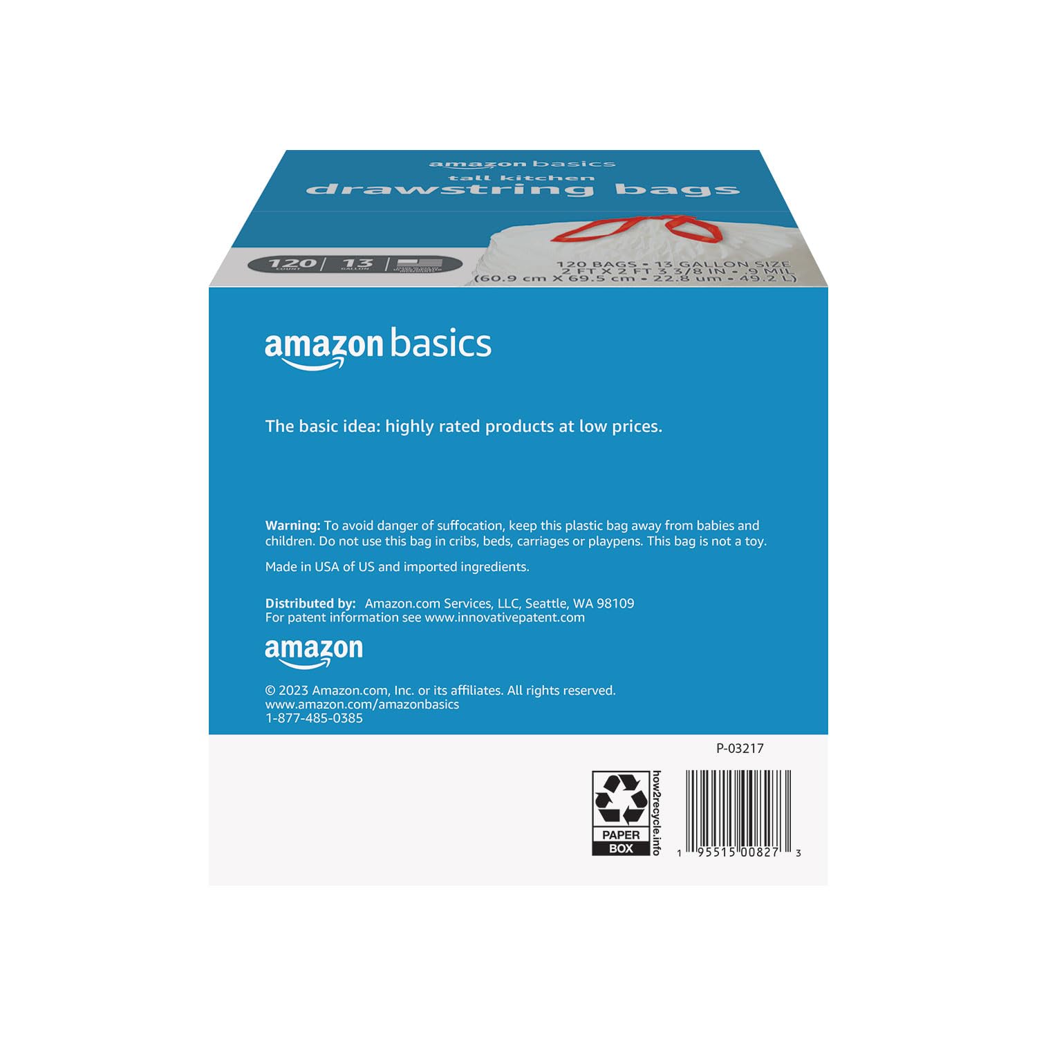 Amazon Basics Tall Kitchen Drawstring Trash Bags, 13 Gallon, 120 Count (Previously Solimo)