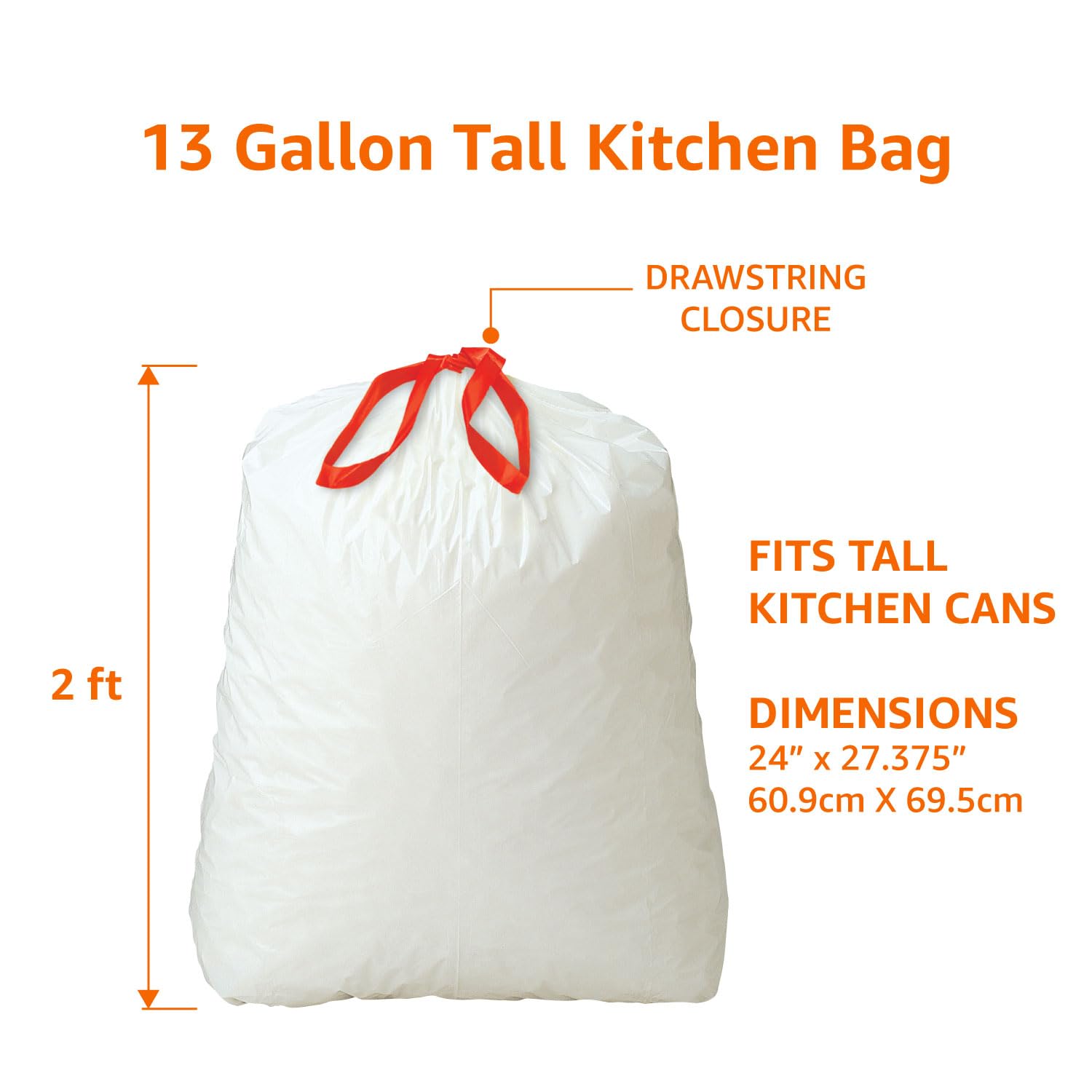 Amazon Basics Tall Kitchen Drawstring Trash Bags, 13 Gallon, 120 Count (Previously Solimo)