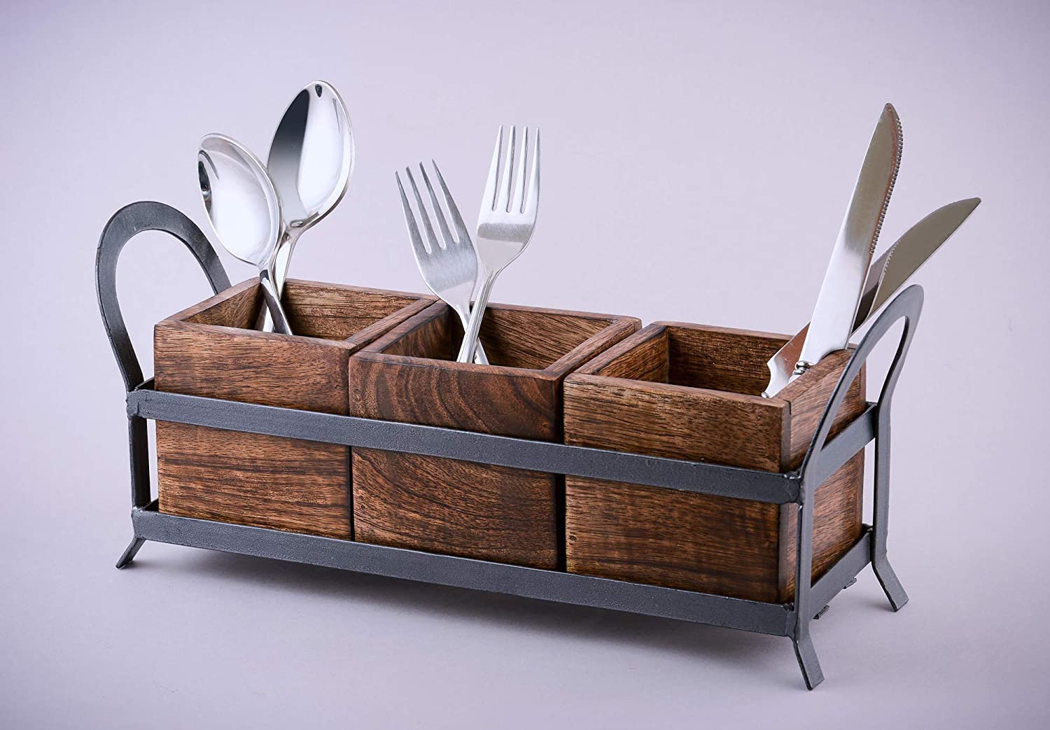 CUT01BR Wooden Utensil Cutlery Holder Caddy Flatware and Silverware Organizer Spoons, Forks, Knifes and Napkin Supplie