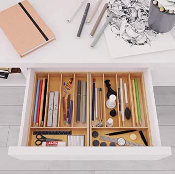 BAMEOS Utensil Drawer Organizer, Cutlery Tray Desk Drawer Organizer Silverware Holder Kitchen Knives Tray Drawer Organizer, 100% Pure Bamboo Cutlery in Natural Color (9.75)