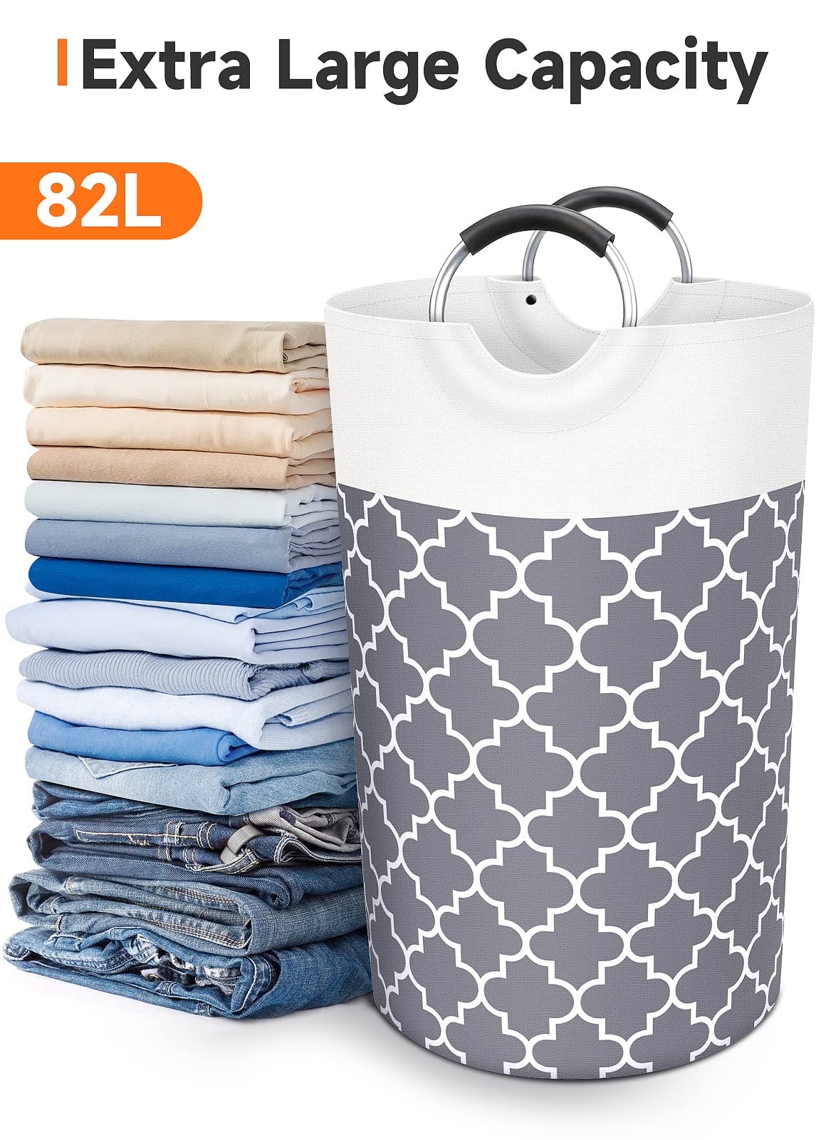 Fabspace Large Laundry Basket Laundry Hamper Bag Washing Bin Clothes Bag Collapsible Tall with Handles Waterproof Travel Bathroom College Essentials Storage for College Dorm, Family, 82L (Grey)