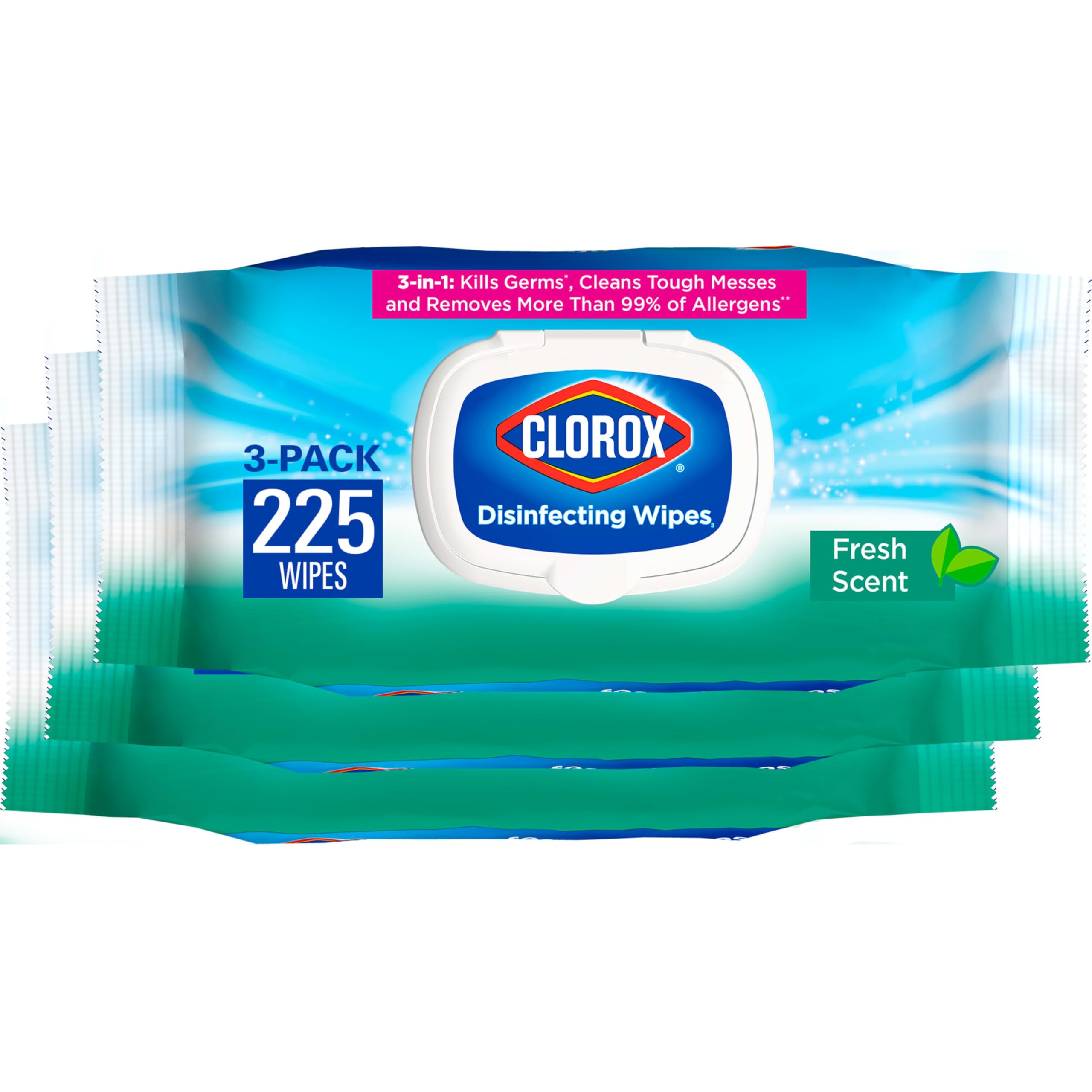 Clorox Disinfecting Wipes, Bleach Free Cleaning Wipes, Multi-surface Wipes with Moisture Seal Lid, Easy Pull Wipes Pack, Fresh Scent, 75 Wipes (Pack of 3) - Packaging May Vary