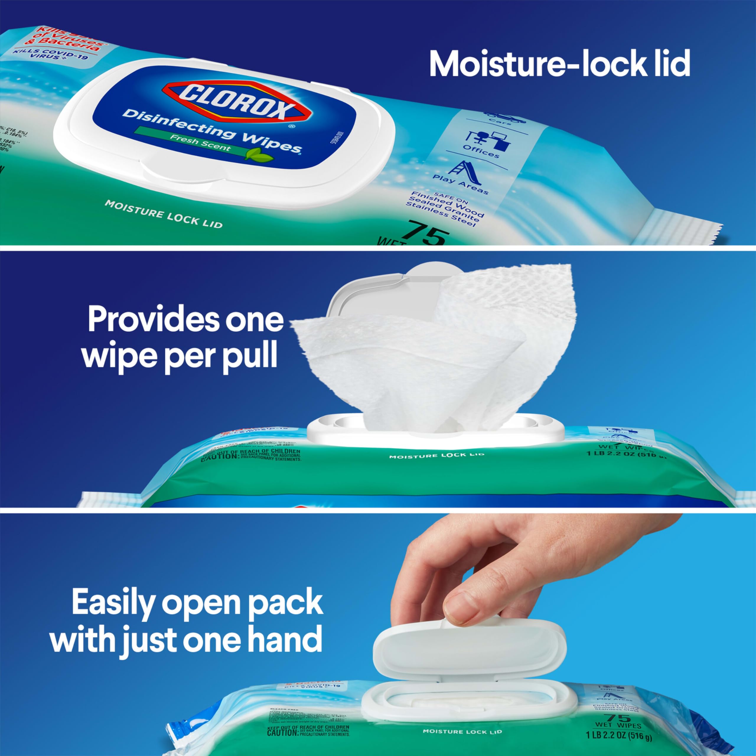 Clorox Disinfecting Wipes, Bleach Free Cleaning Wipes, Multi-surface Wipes with Moisture Seal Lid, Easy Pull Wipes Pack, Fresh Scent, 75 Wipes (Pack of 3) - Packaging May Vary