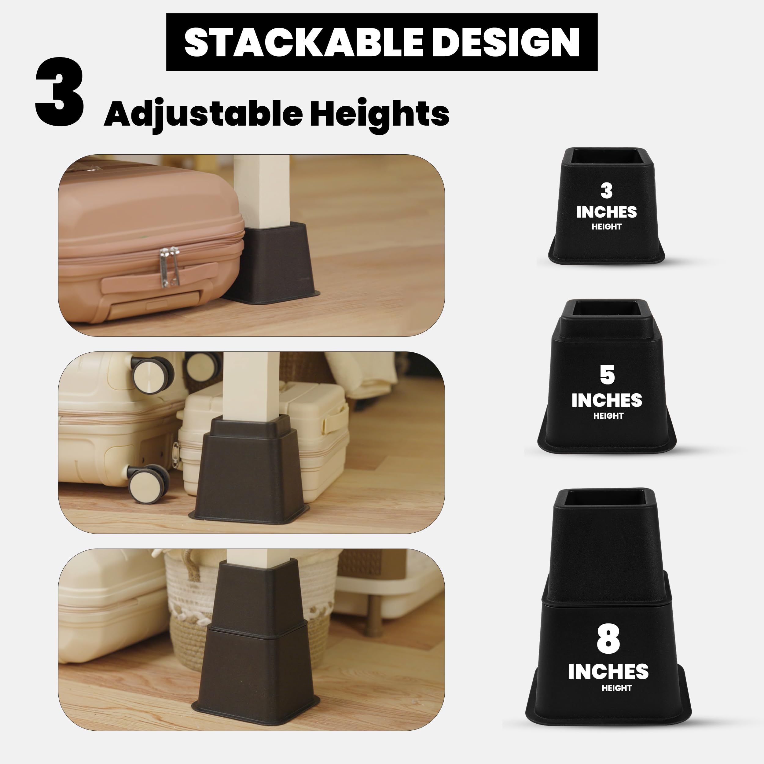 Utopia Bedding Adjustable Bed Furniture Risers - Elevation in Heights 3, 5 or 8 Inch Heavy Duty Risers for Sofa and Table - Supports up to 1,300 lbs - (Set of 4 Riser, Black)