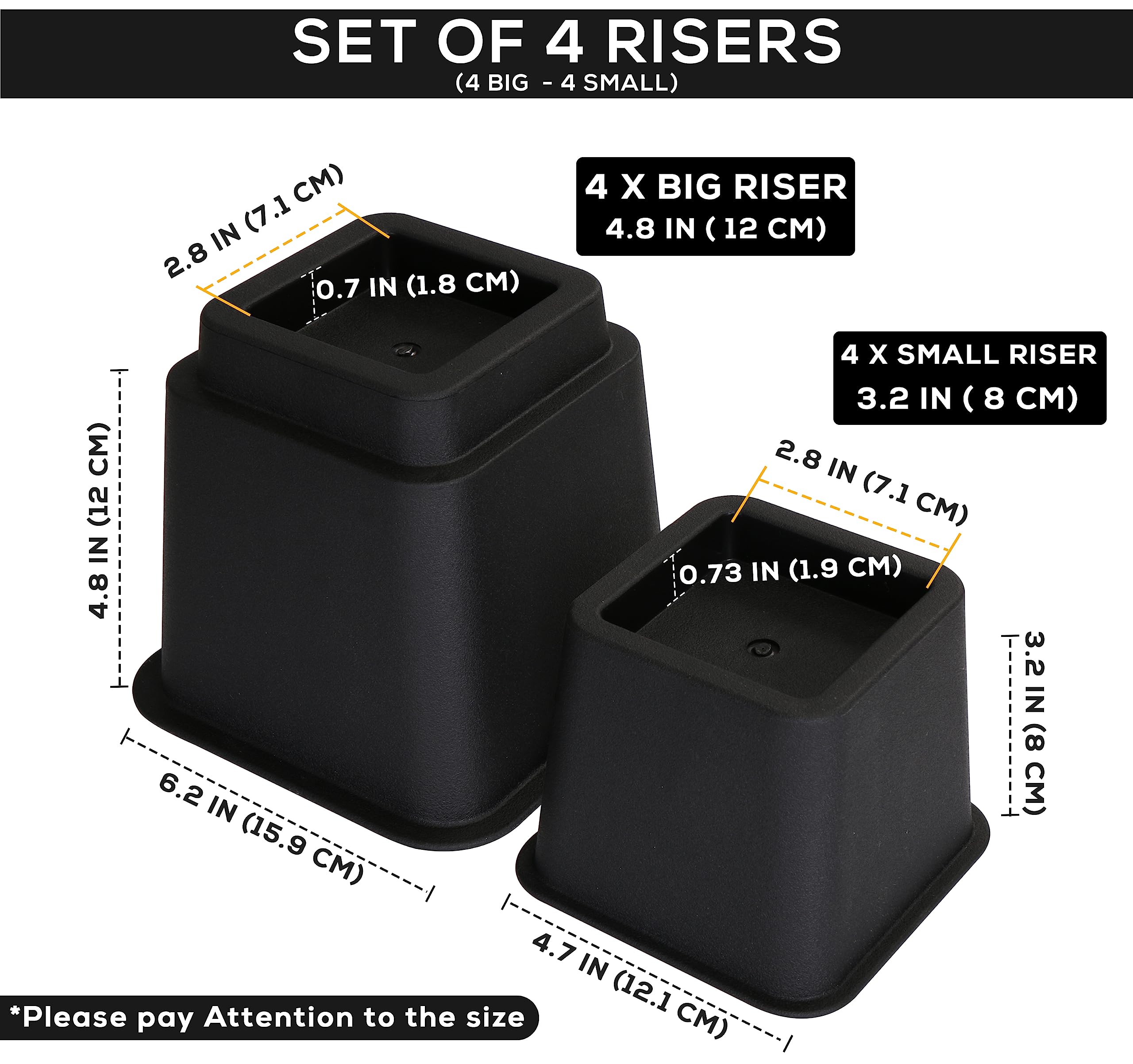 Utopia Bedding Adjustable Bed Furniture Risers - Elevation in Heights 3, 5 or 8 Inch Heavy Duty Risers for Sofa and Table - Supports up to 1,300 lbs - (Set of 4 Riser, Black)