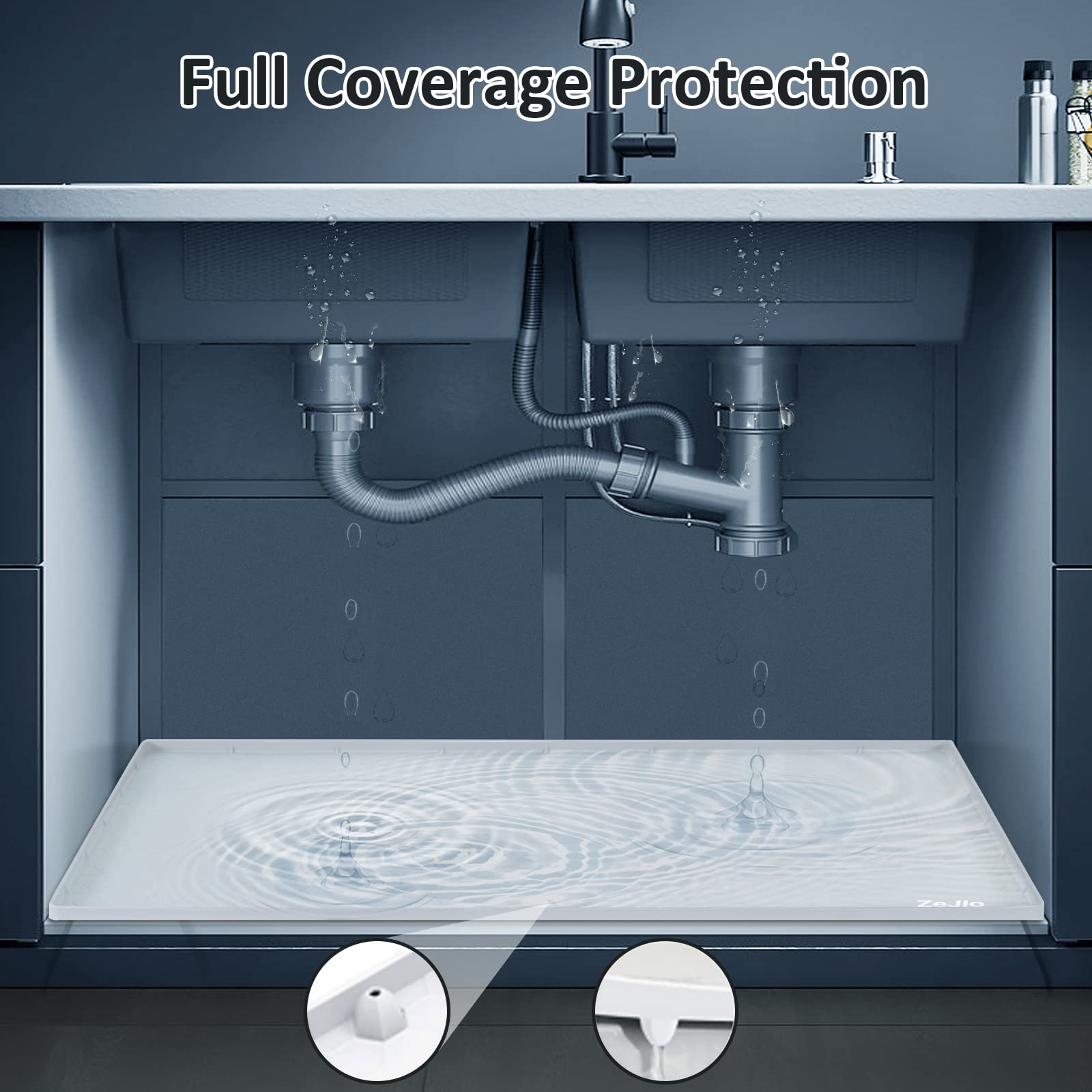 Tomekji Under Sink Mat, 34x22 (Please Check Dimensions) Under Sink Mats for Kitchen Waterproof, Made of Premium Silicone Perfect Sink Cabinet Protector - Holds Over 2 Gallons water - White