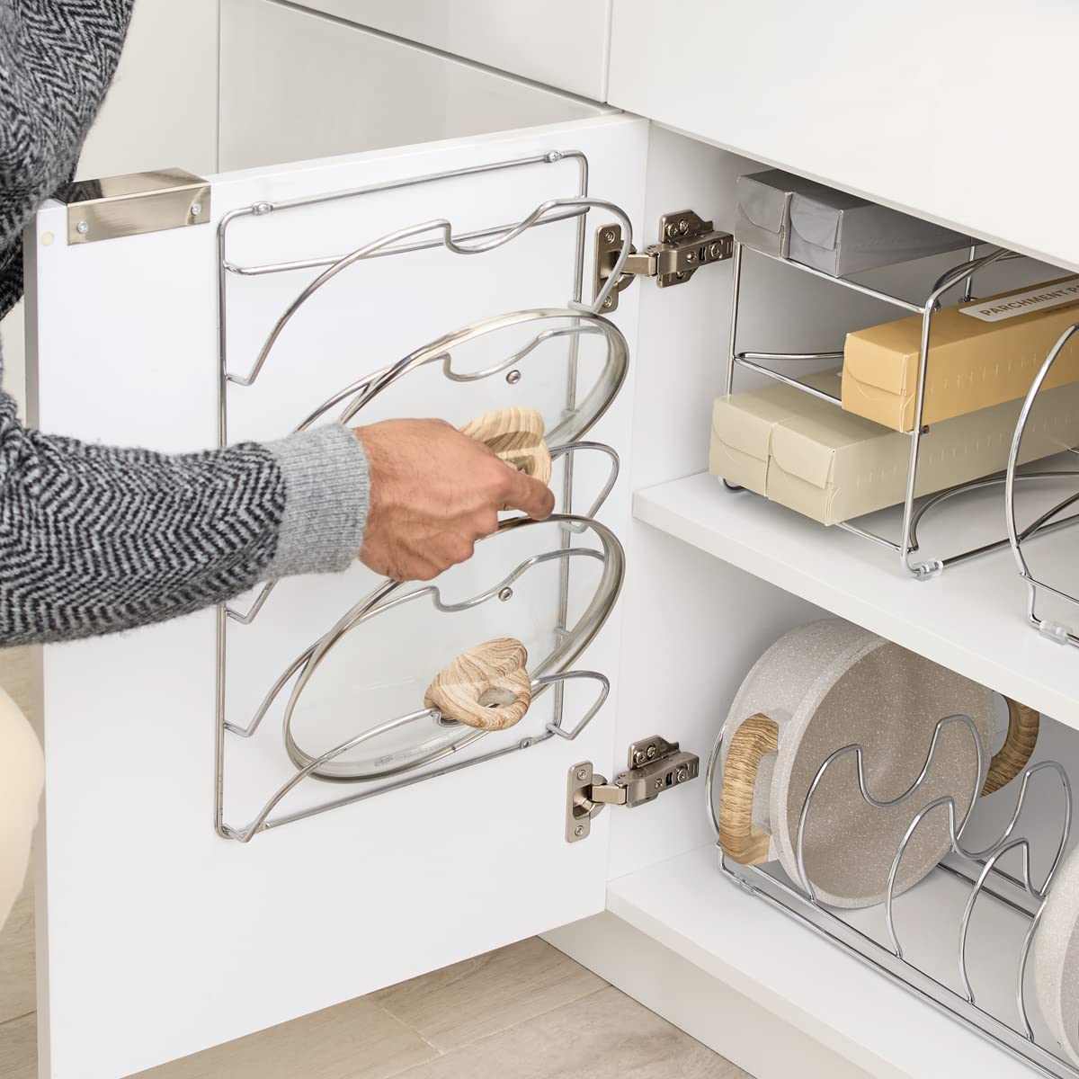 iDesign Classico Kitchen Cabinet Storage Rack for Pot, Pan Lids, 10.80" L x 3.83" W x 16.76" H, Chrome