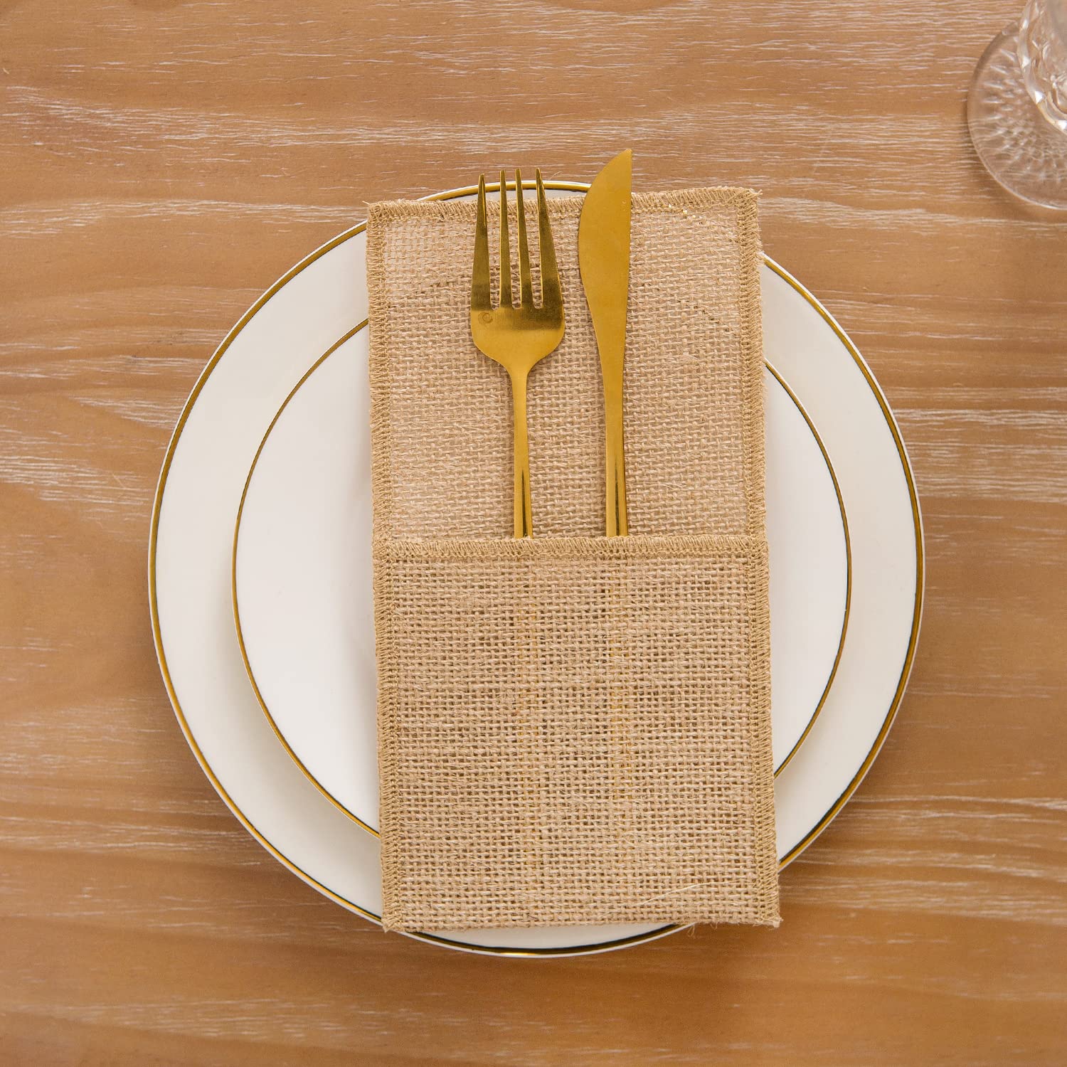 AOKQYA Burlap Silverware Holder Set Of 10 Reusable Rustic Utensil Holder Pouch for Table Setting (Natural)