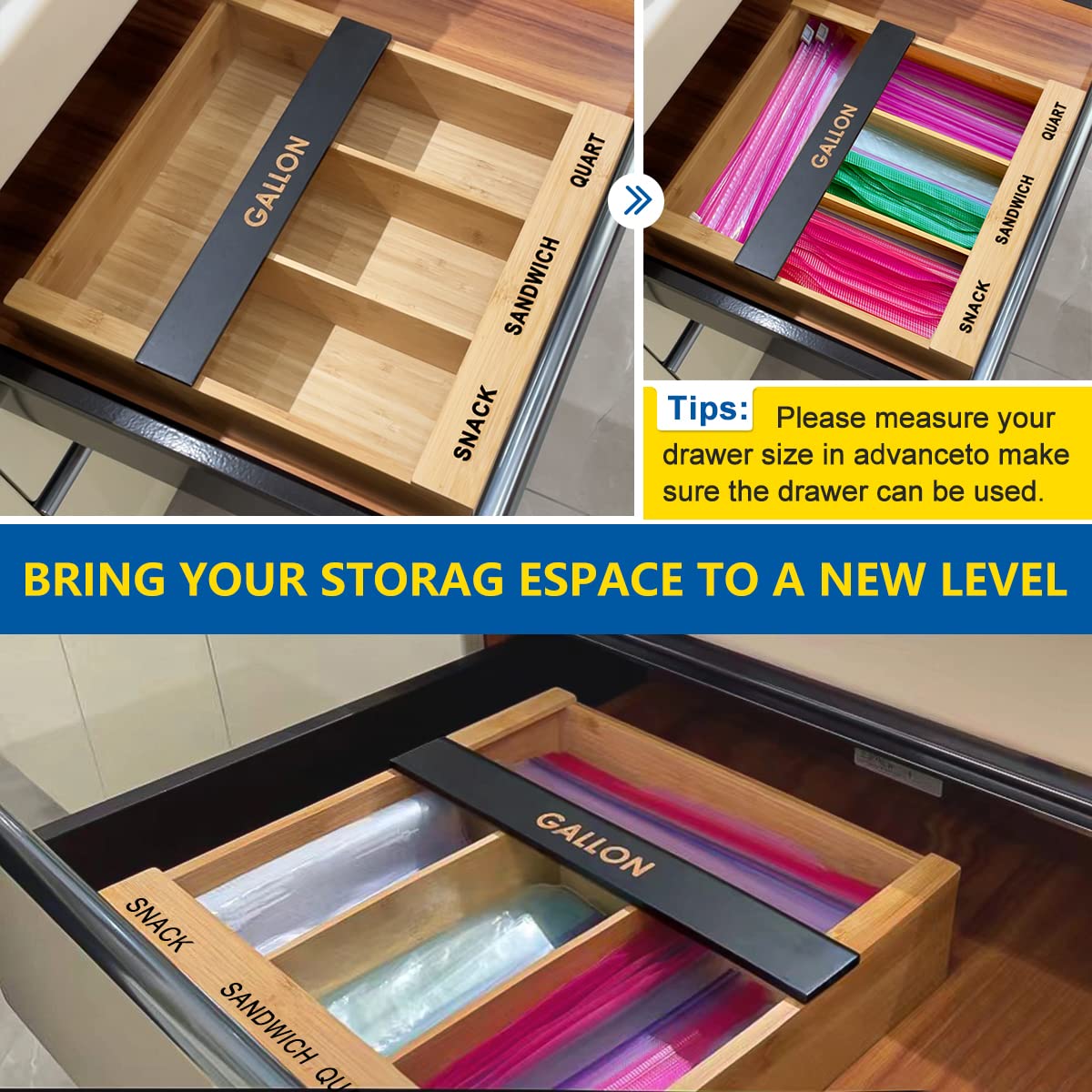 Bamboo Ziplock Bag Storage Organizer for Drawer Baggie Organizer dispenser Compatible with Slider Quart,Gallon, Solimo, Glad, Hefty for Gallon, Sandwich and Snack Variety Size Bag