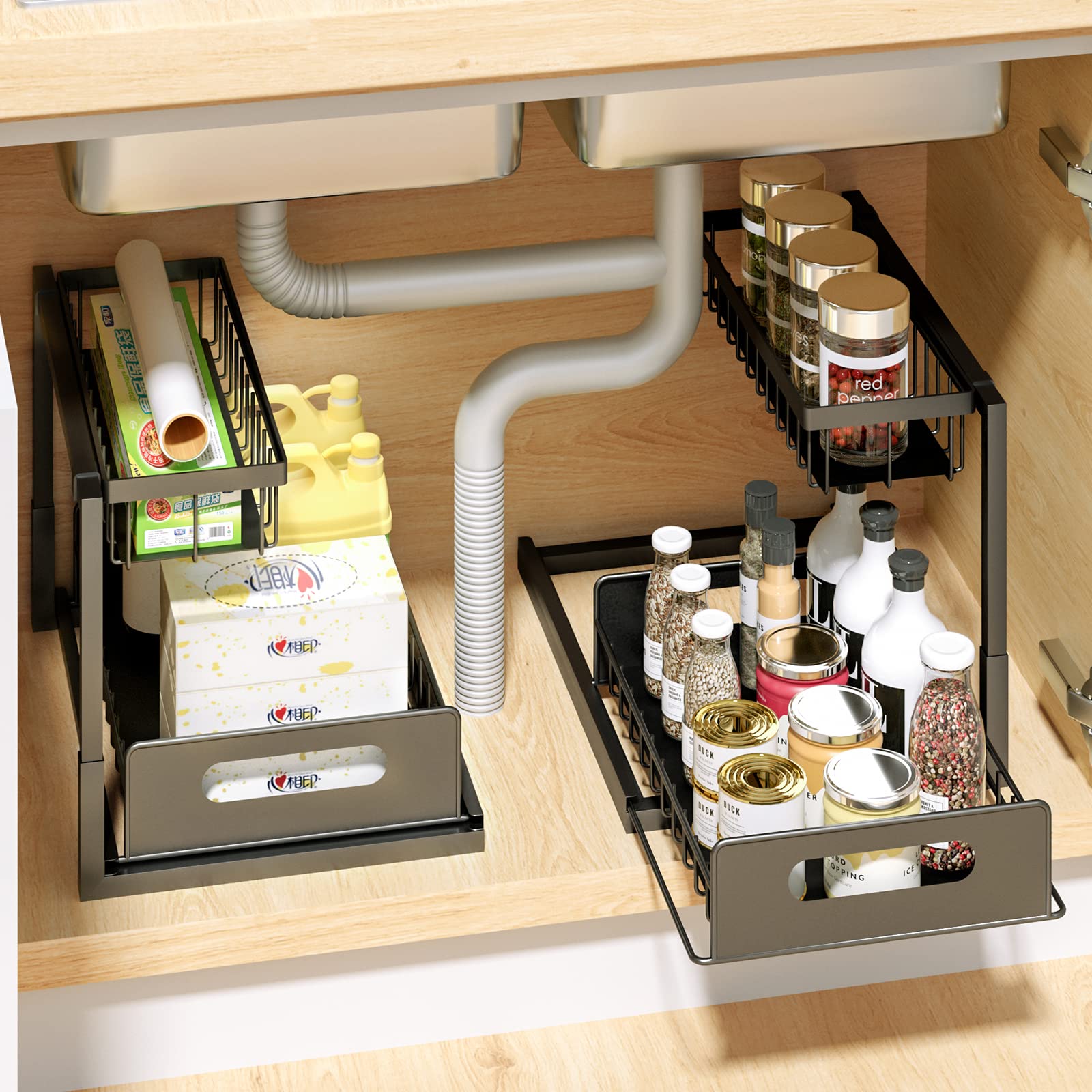 Under Sink Organizer and Storage 2 Tier Sliding Cabinet Basket Drawer Shelf Under Cabinet Storage for Bathroom Living Room