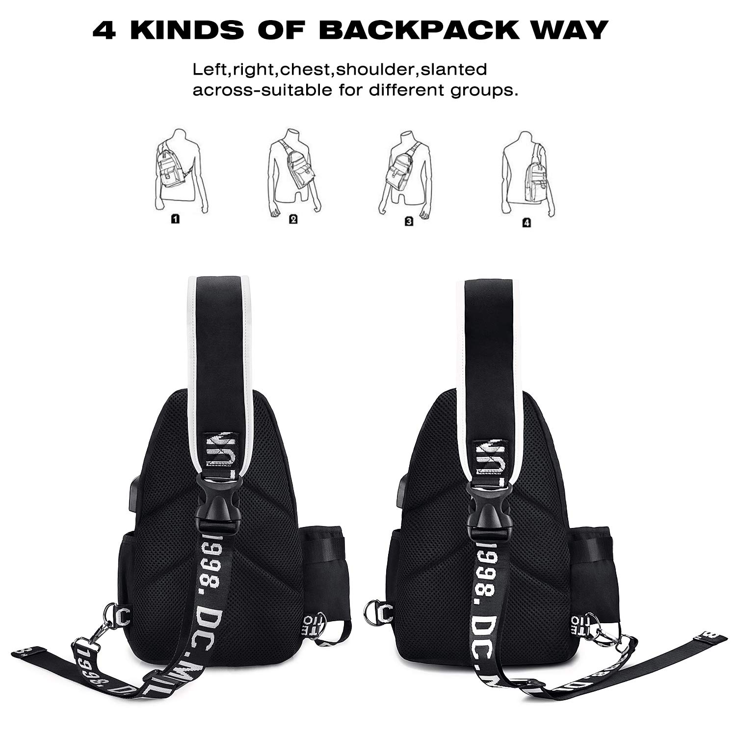 FEWOFJ Sling Bag for Mens Boys with USB Charger Port, Small Chest Pack with Side Pocket, Travel Shoulder Backpack